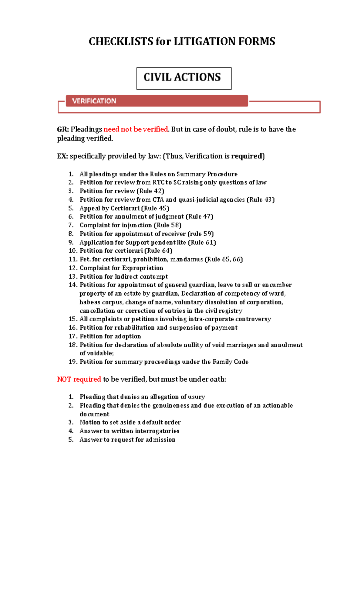 Checklists for Litigation Forms - CHECKLISTS for LITIGATION FORMS GR ...