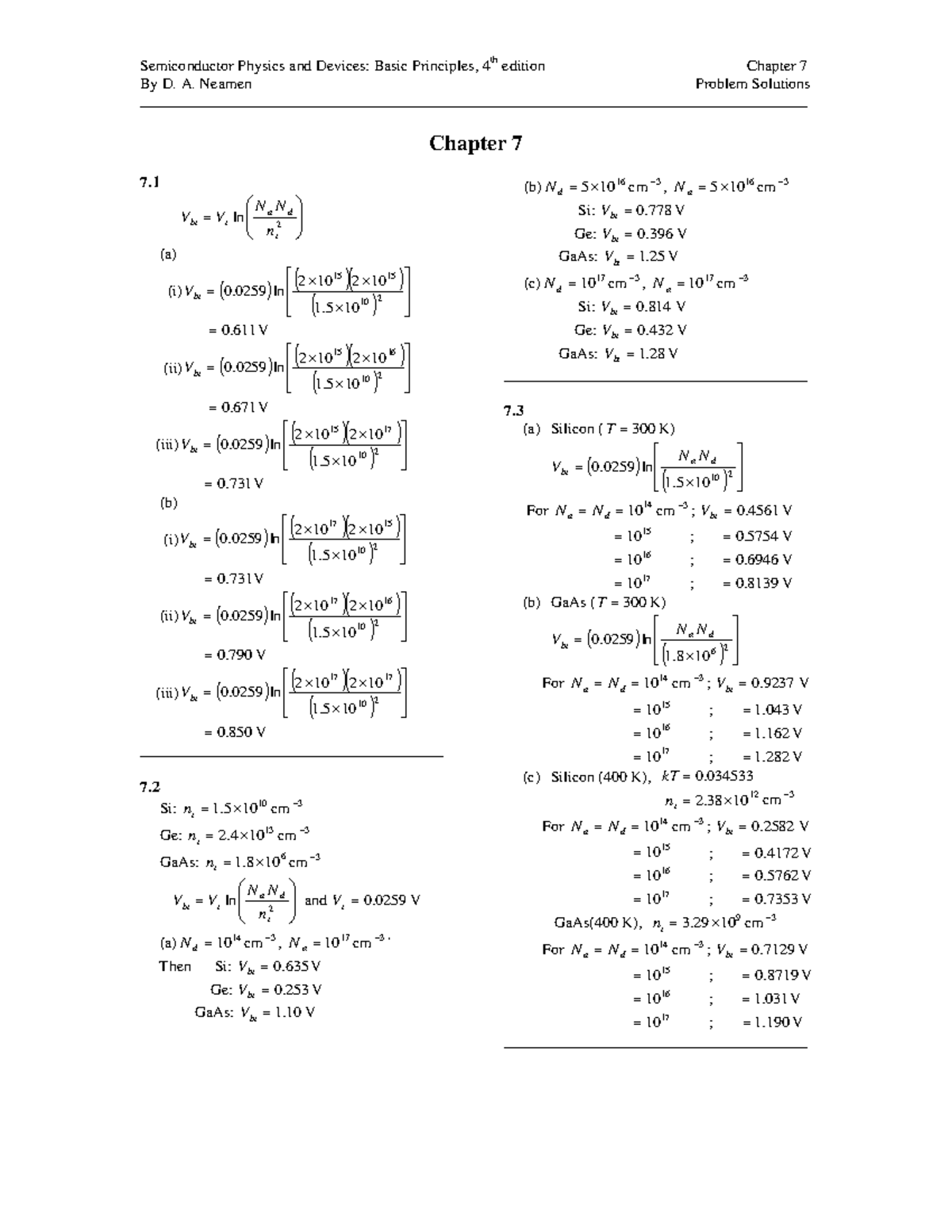 Chapter 7 - Semiconductor Physics and Devices: Basic Principles, 4 edition Chapter 7 By D. A ...