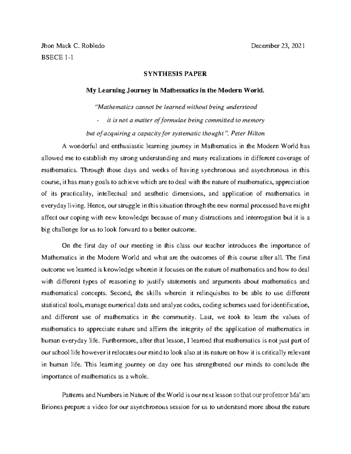 Robledo Synthesis Paper - Jhon Mack C. Robledo December 23, 2021 BSECE ...