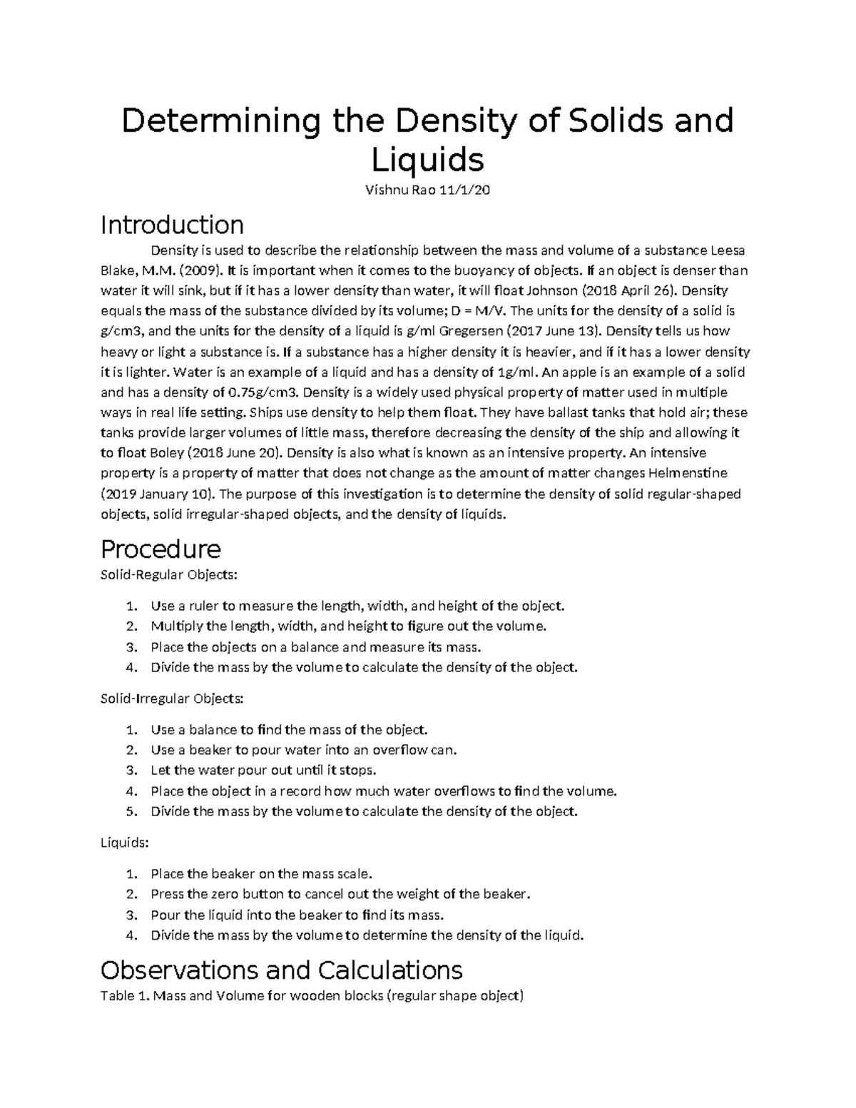 Density Lab - Determining the Density of Solids and Liquids Vishnu Rao ...