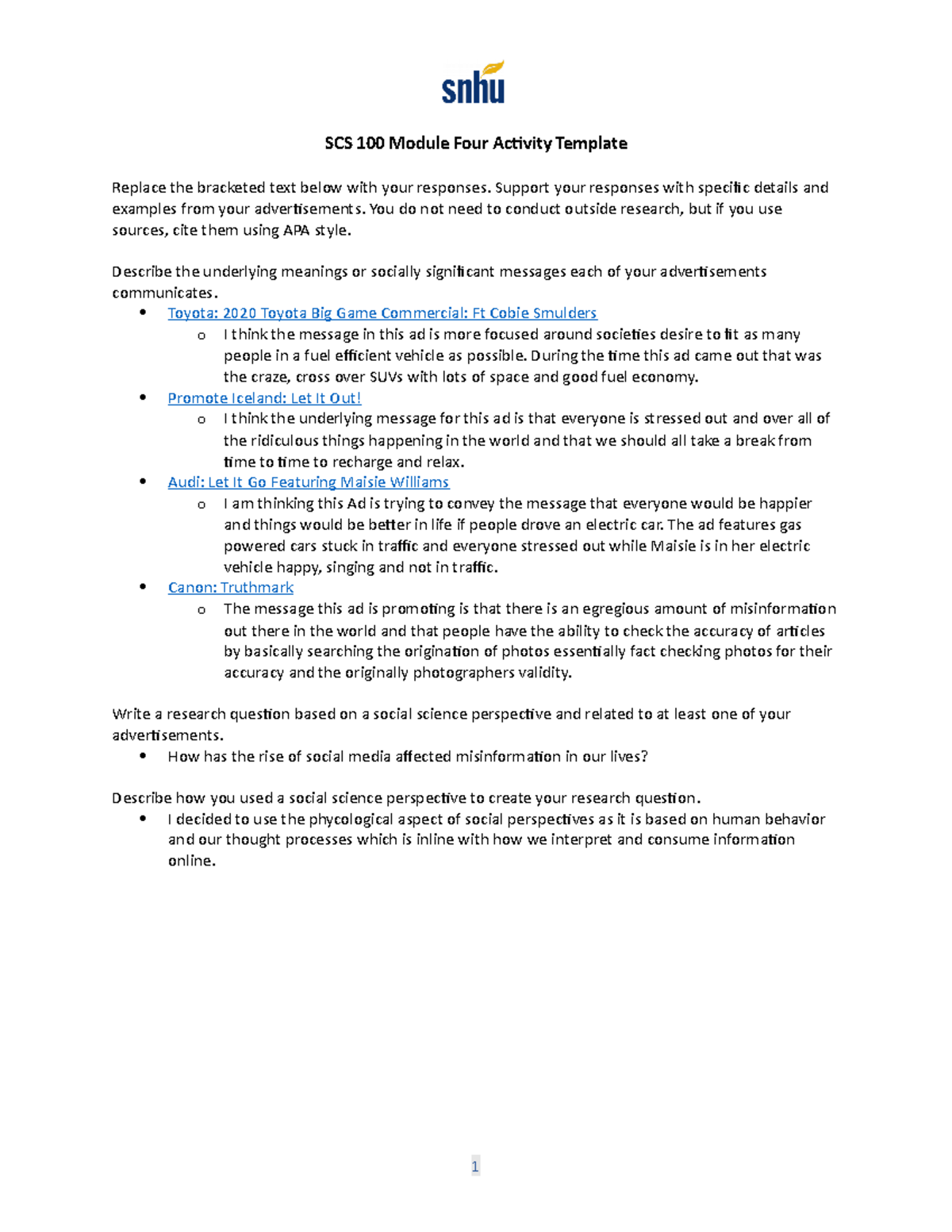 SCS 100 Module Four Activity - Support your responses with specific ...