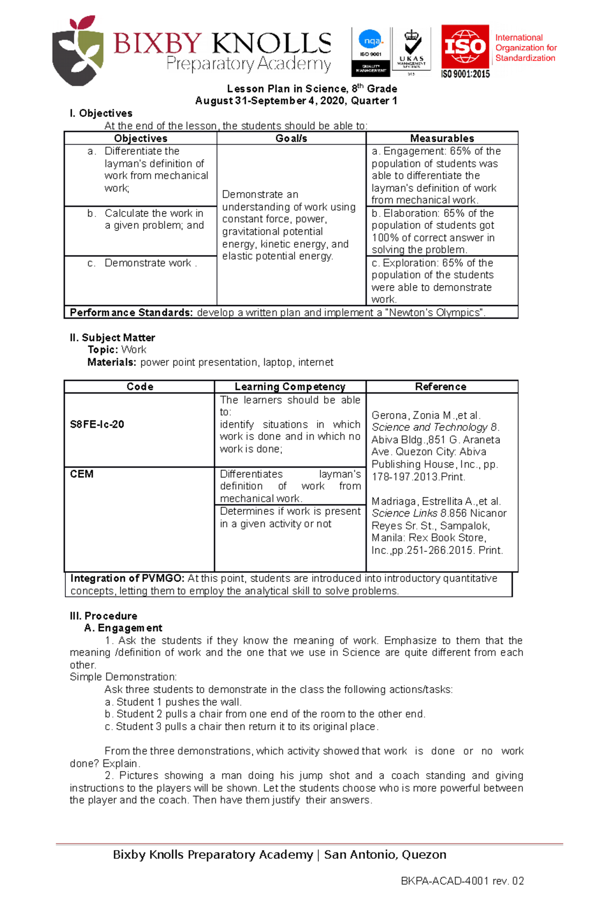 SCI8-Q1-W5-6-L2-3 - WORK, Power AND Energy - Lesson Plan in Science ...