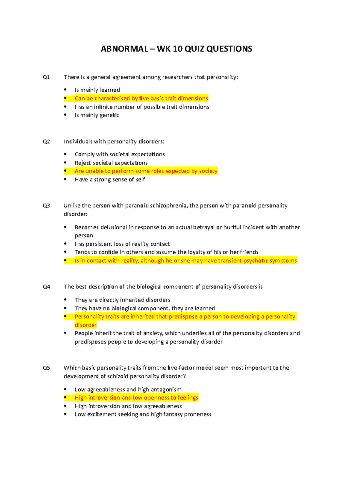Week 10 - pop quiz revision personality disorders - ABNORMAL – WK 10 ...
