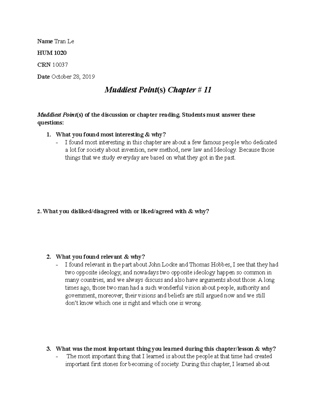 Muddiest Point Form-1 - Name Tran Le HUM 1020 CRN 10037 Date October 28 ...
