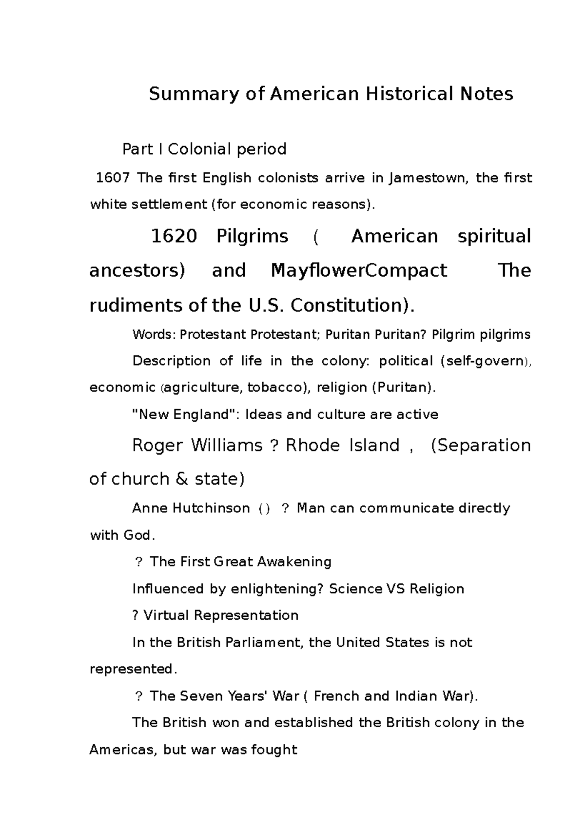 Summary of American Historical Notes HIST146 - Summary of American ...