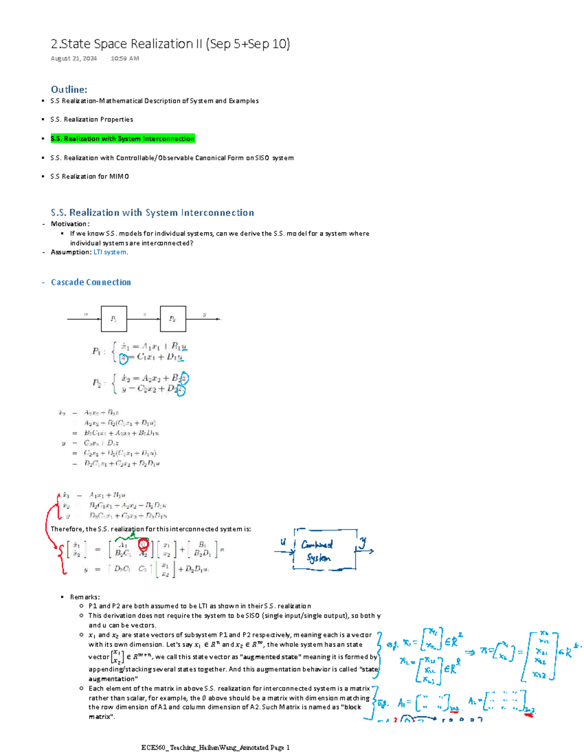2 State Space Realization Ii Sep 5 Sep 10 Outline S Realization Mathematical Description Of