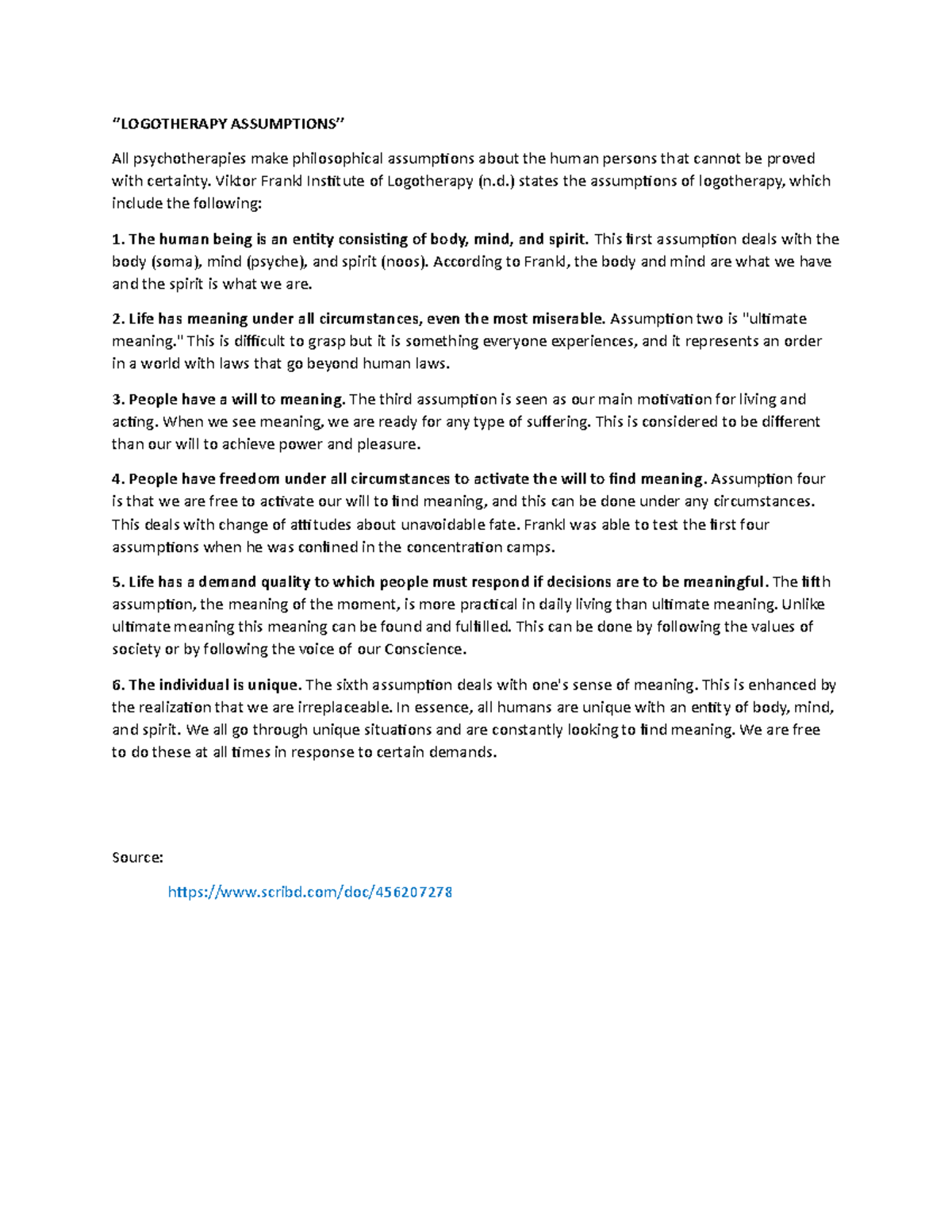 Logotherapy Assumptions - ‘’LOGOTHERAPY ASSUMPTIONS’’ All ...