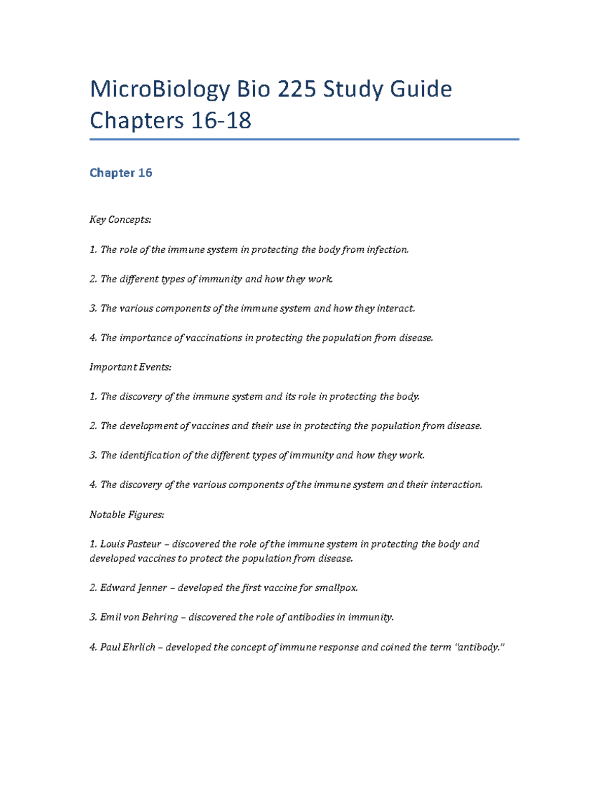 Micro Biology Bio 225 Study Guide Chapters 16-18 - MicroBiology Bio 225 ...
