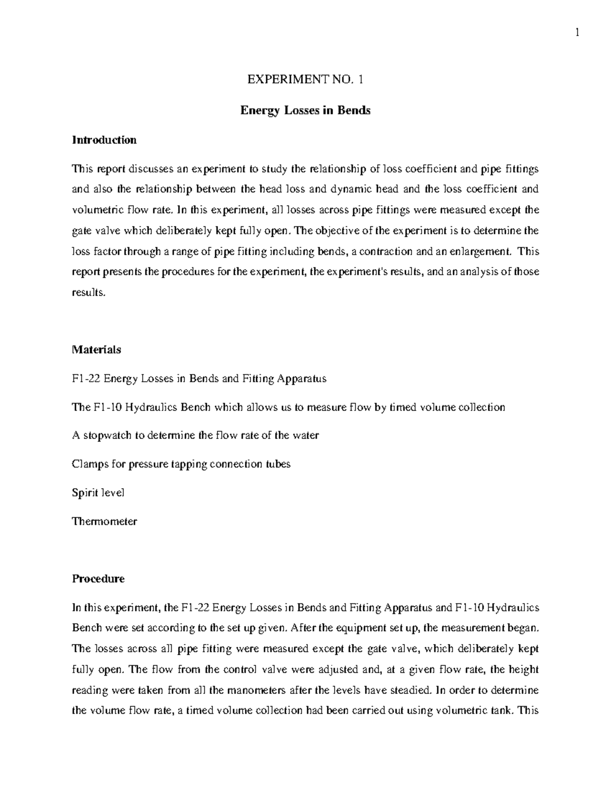 Pdfcoffee - lab report - EXPERIMENT NO. 1 Energy Losses in Bends Introduction This report ...