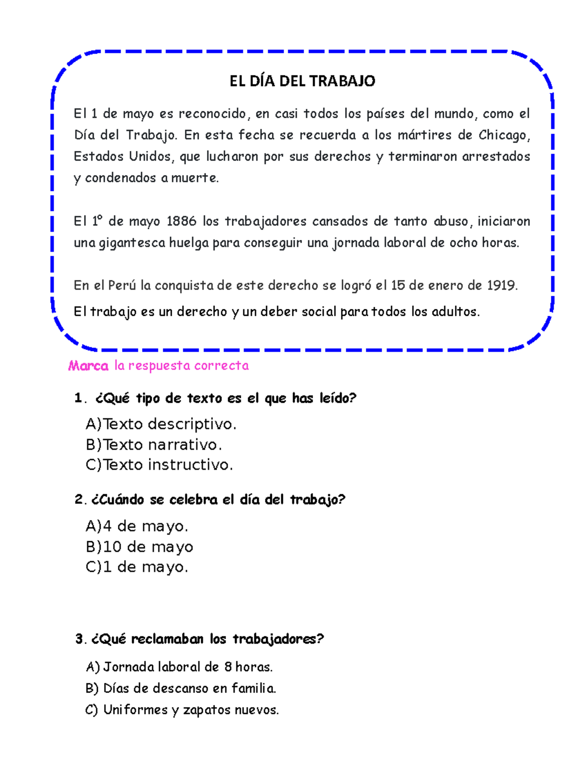 Ficha Leemos Juntos Dia del trabajo 1 - Marca la respuesta correcta 1 ...
