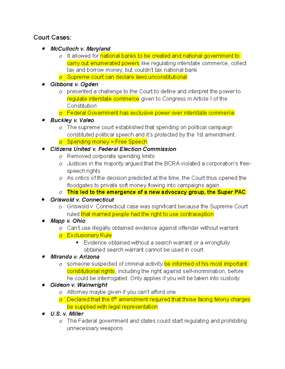 Study items - Court Cases: McCulloch v. Maryland o It allowed for ...