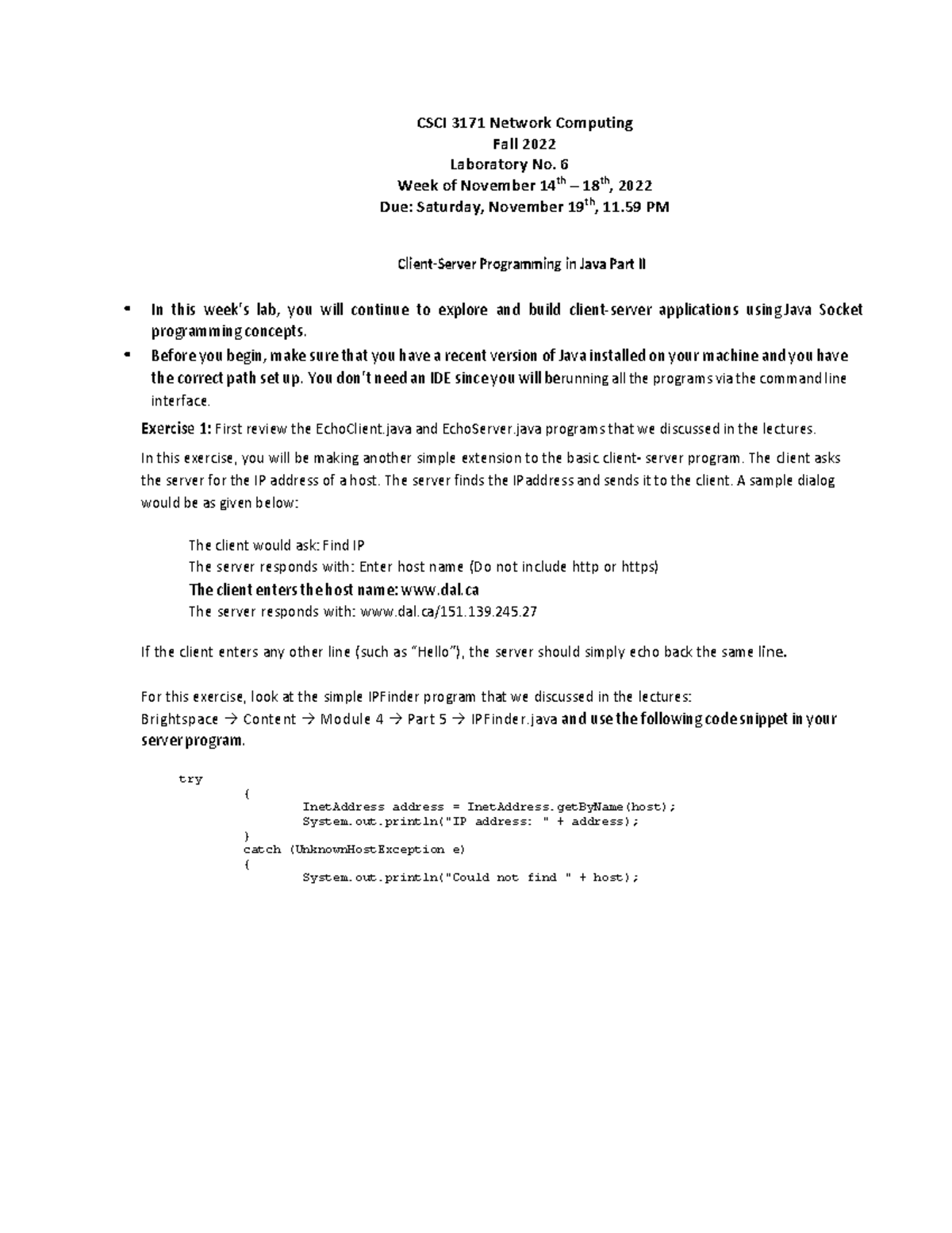 Lab6.3171.Fall2022 - CSCI 3171 Network Computing Fall 2022 Laboratory No. 6 Week of November ...