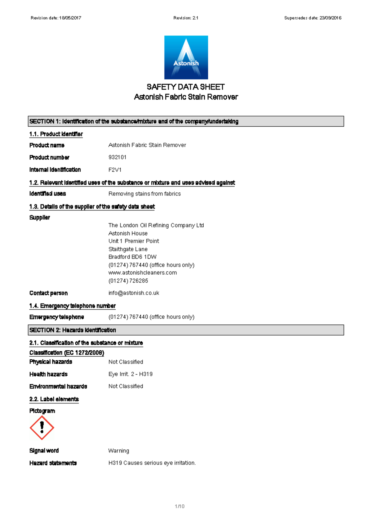 Safety Data Sheet 447301 Astonish Fabric Stain Remover - SAFETY DATA ...