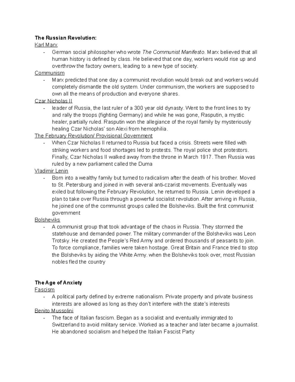 World Civ II Final Exam Study Guide - The Russian Revolution: Karl Marx ...