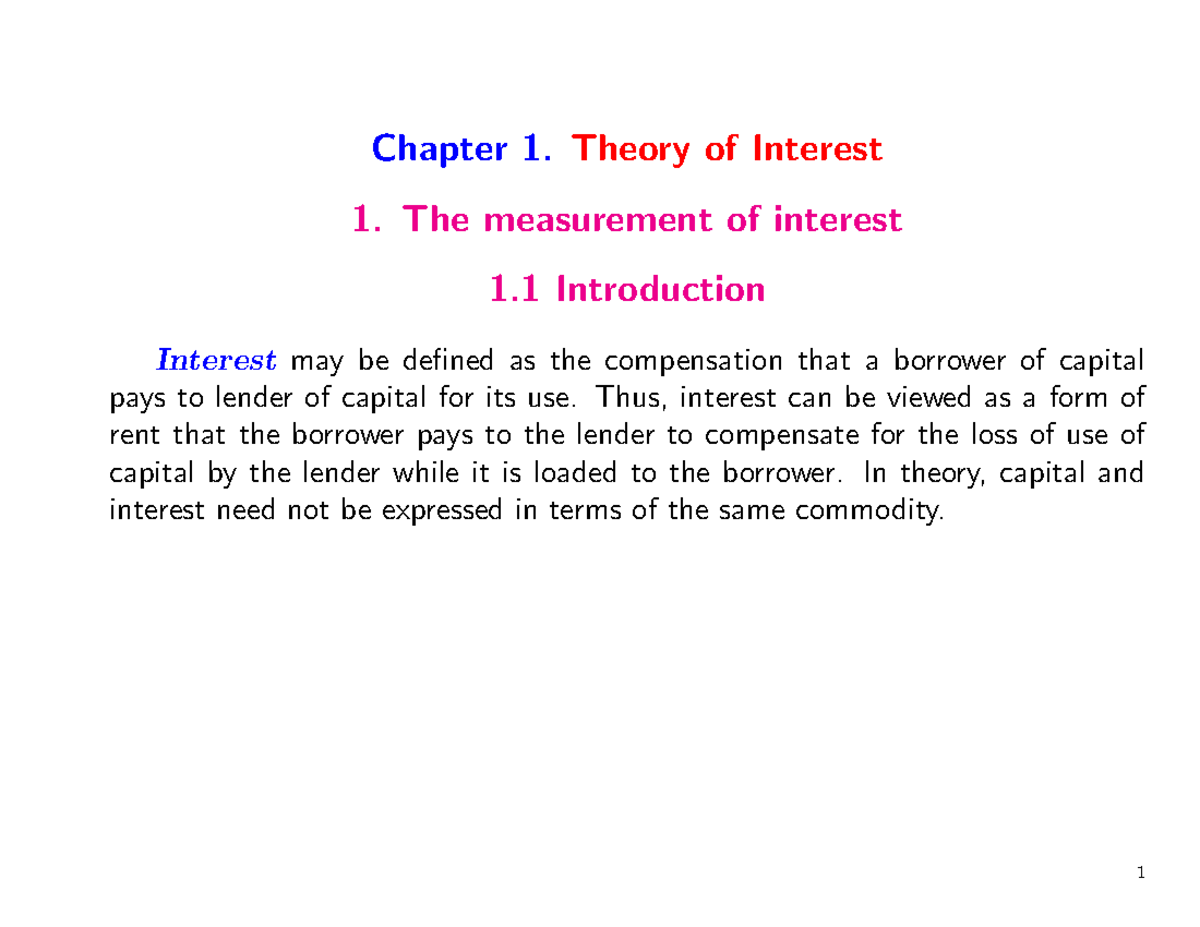 Chapter 1 - Chapter 1. Theory of Interest 1. The measurement of ...