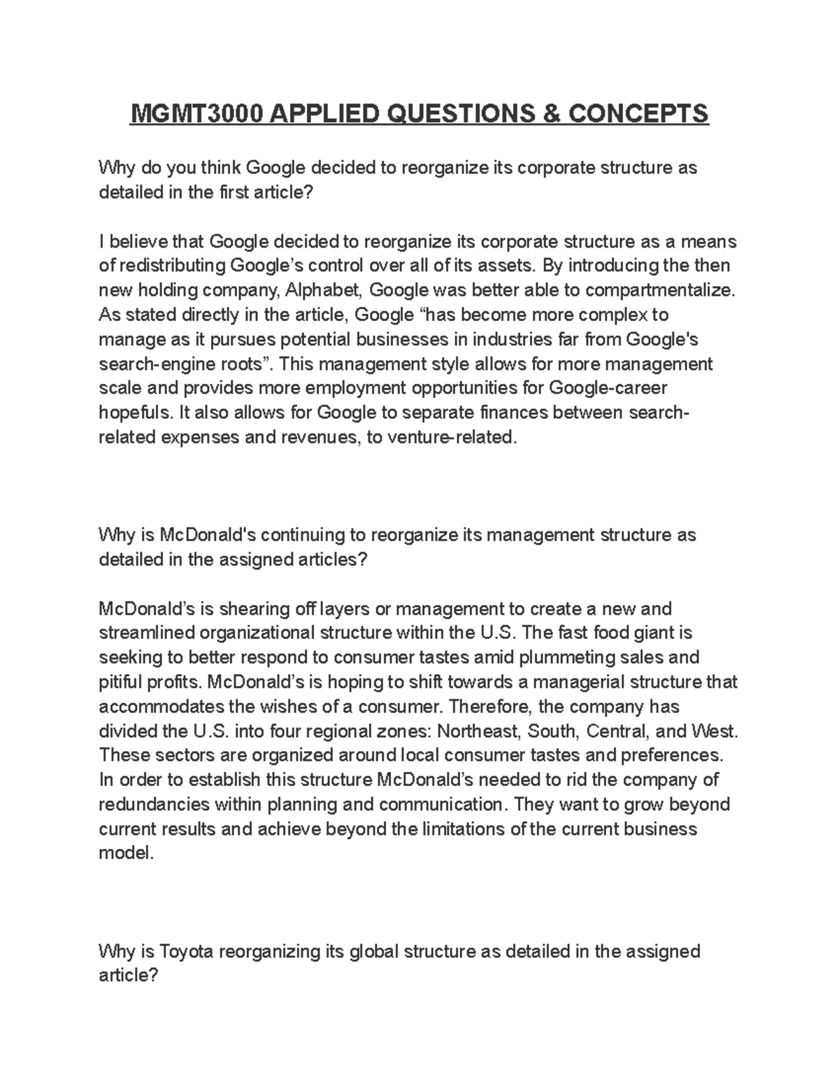 MGMT3000 Applied Concepts - MGMT3000 APPLIED QUESTIONS & CONCEPTS Why ...