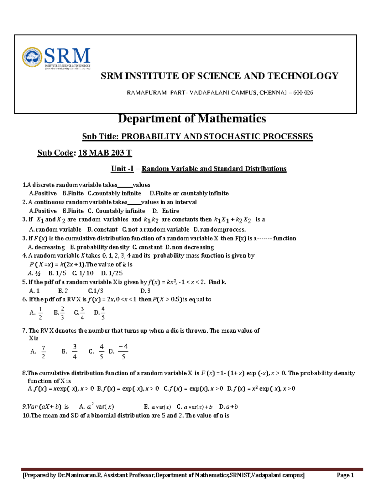 Maths unit 1 - Dr Manimaran - SRM INSTITUTE OF SCIENCE AND TECHNOLOGY ...