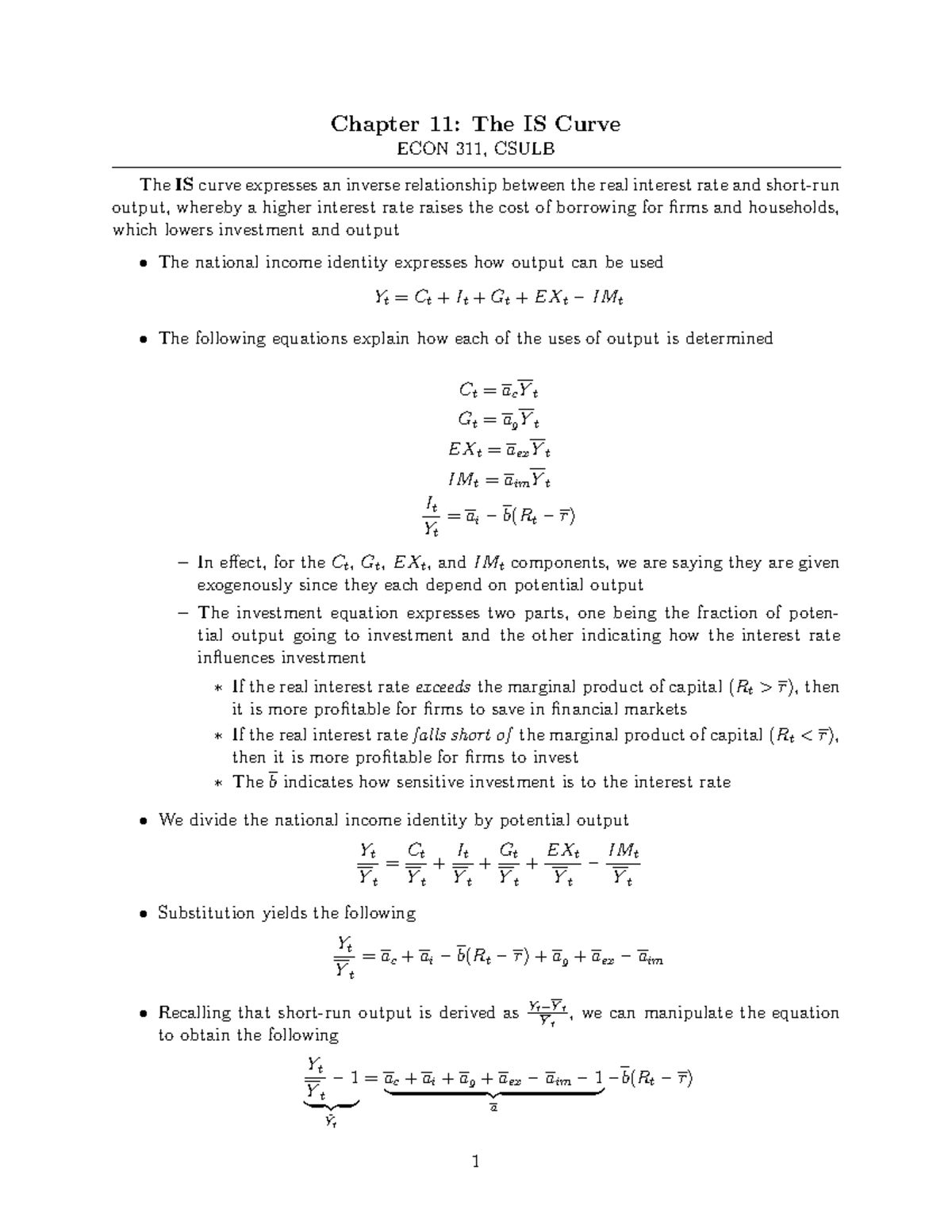 Chapter 11 Notes - Chapter 11: The IS Curve ECON 311, CSULB The IS ...