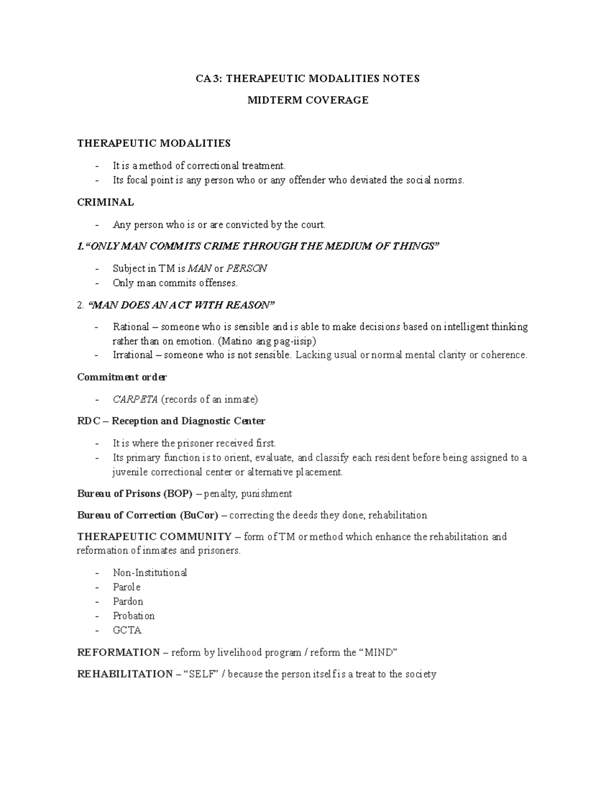 507753769 CA 3 Therapeutic Modalities Notes 1 - CA 3: THERAPEUTIC ...