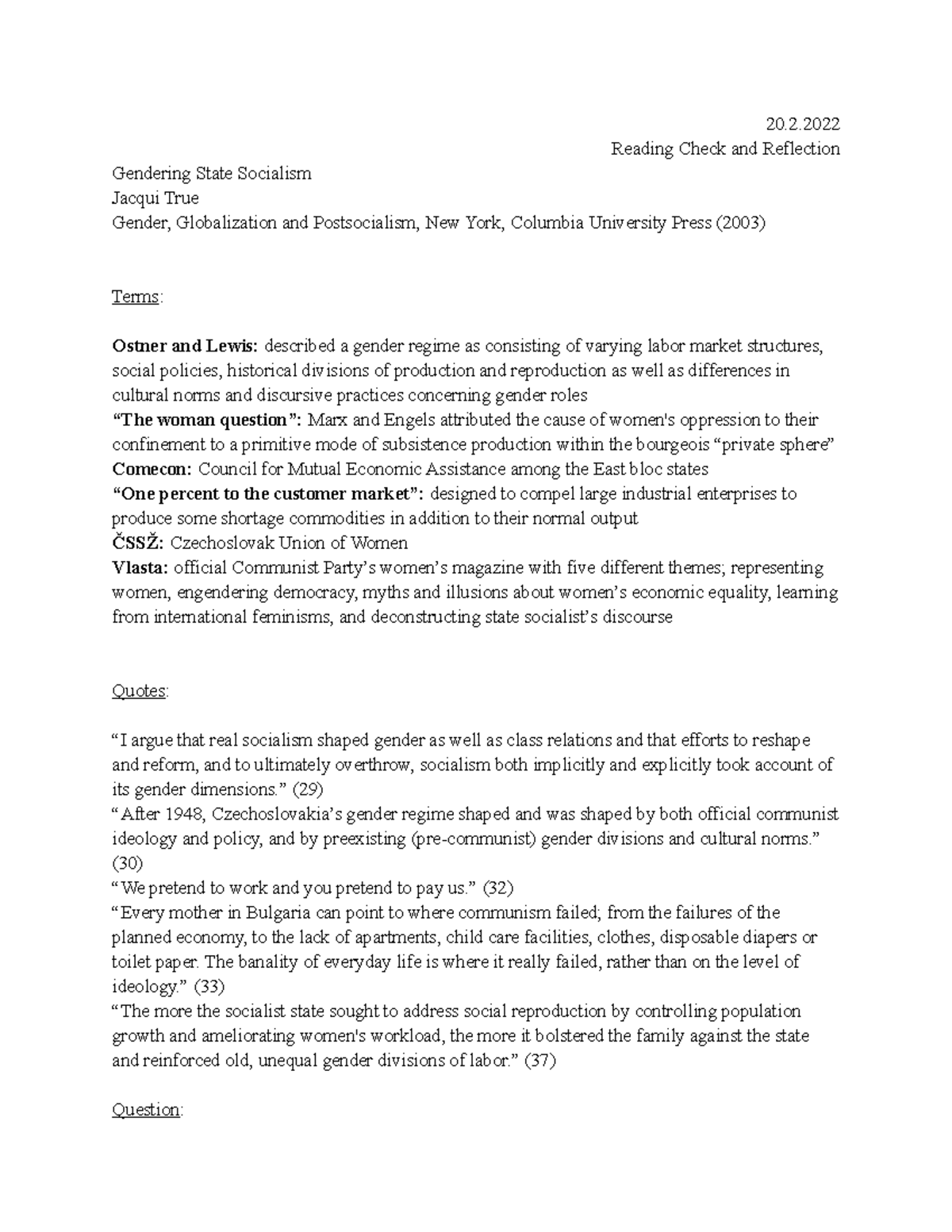 Gendering State Socialism - 20. Reading Check and Reflection Gendering ...