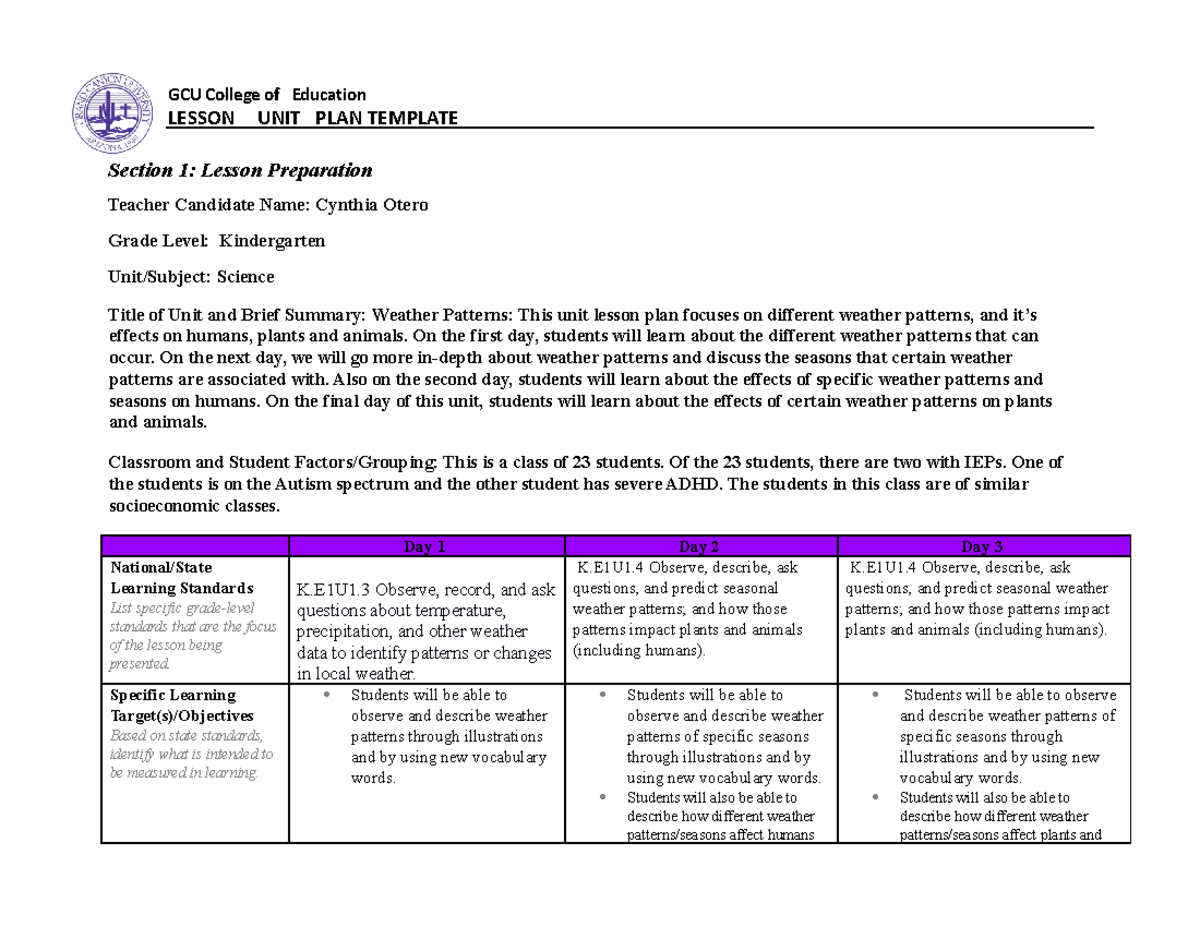 Cynthia Otero - Science Unit Plan - Section 1: Lesson Preparation ...