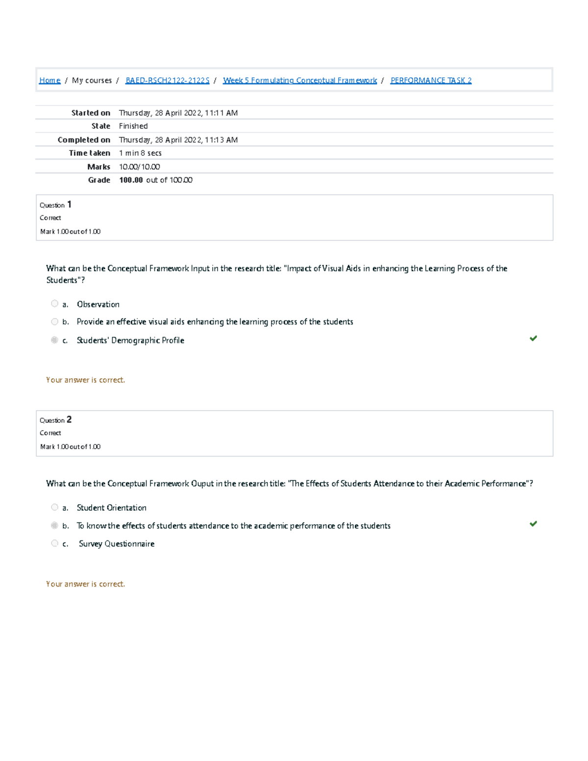 Performance-TASK-2 -Attempt-review - Home/My courses/ BAED-RSCH2122 ...