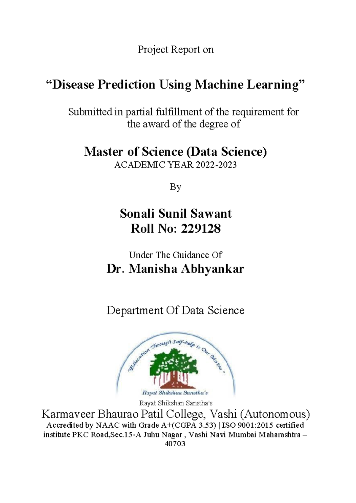 Sample of project synopsis - Project Report on “Disease Prediction ...