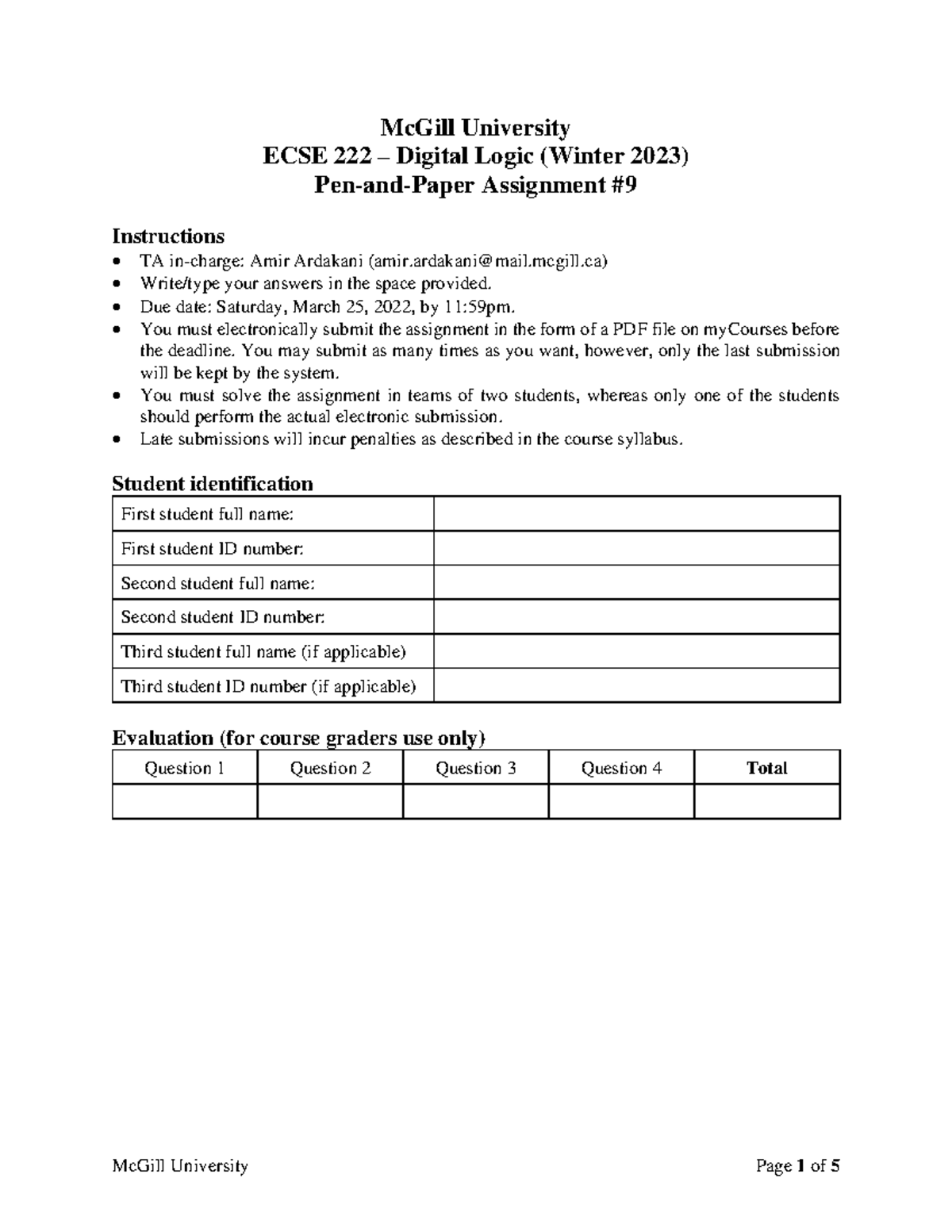 PP9 - W2023 - PP9 - McGill University ECSE 222 – Digital Logic (Winter ...