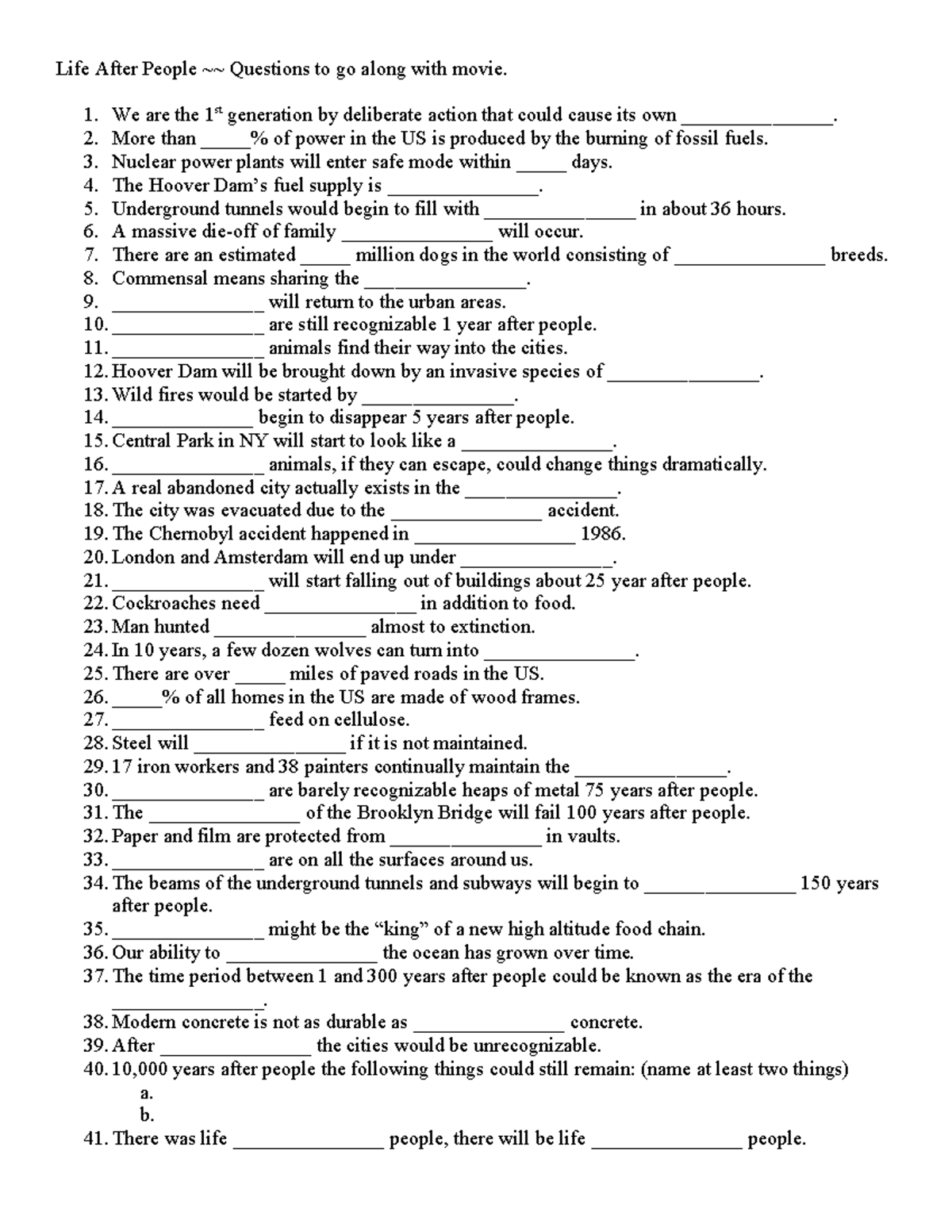 History Channel Life After People Video Worksheet-1 - Life After People ...