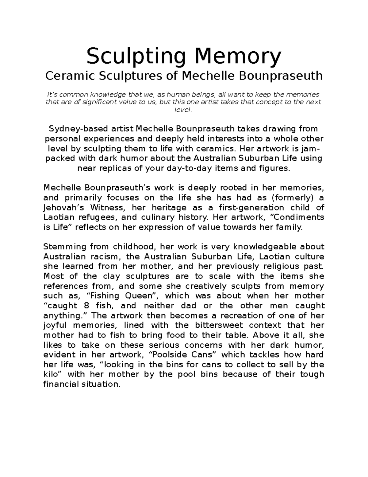 Sculpting Memory - Artist Statement on sculpture - Sculpting Memory ...