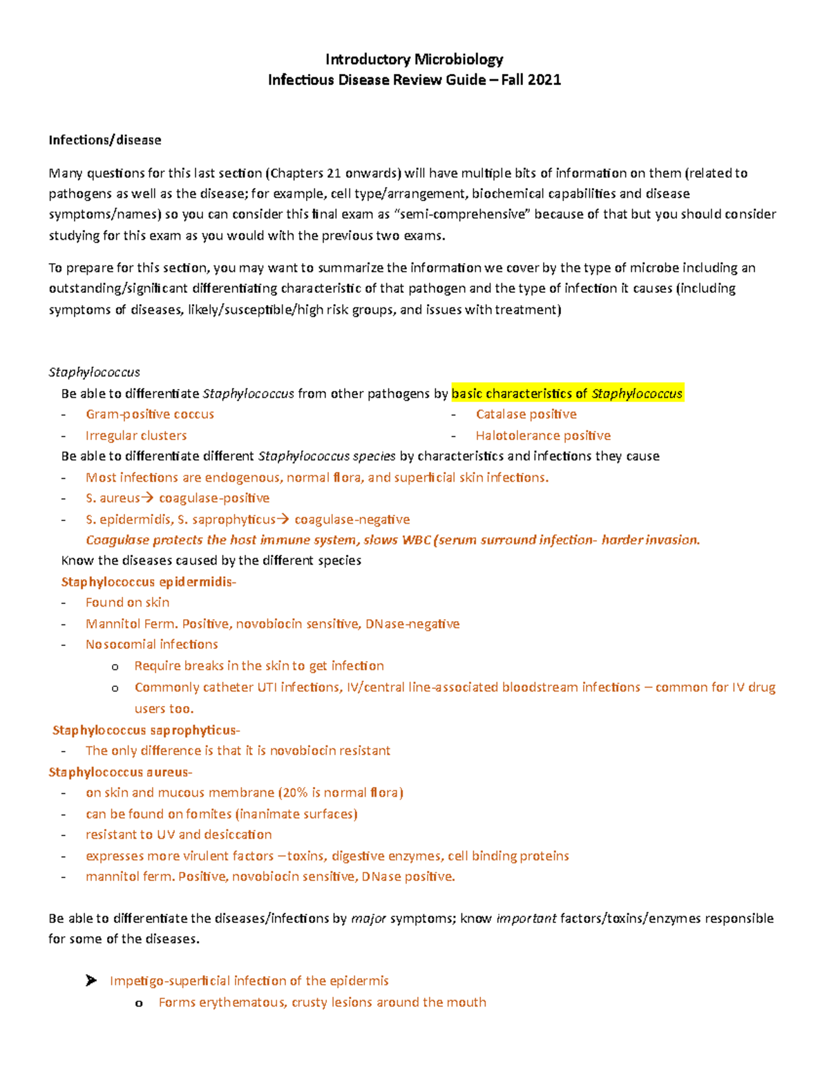 Intro Micro F2021 Infectious Disease Review Guide A - Introductory ...