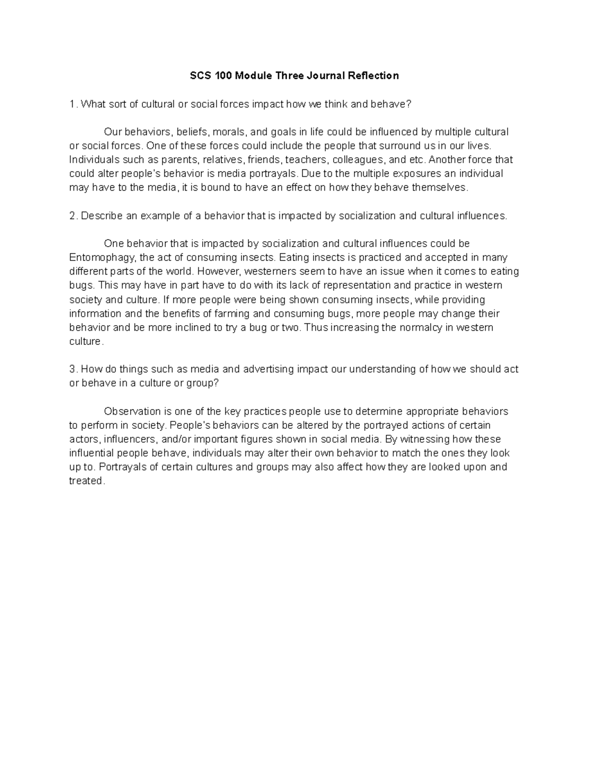 SCS 100 Module Three Journal Reflection: Cultural and Social Forces ...