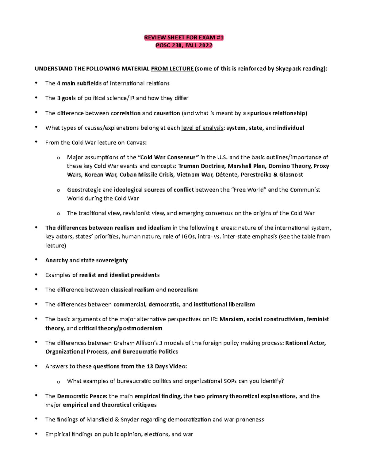 Exam #1 IR Review Sheet Fall 2022 - REVIEW SHEET FOR EXAM POSC 230 ...