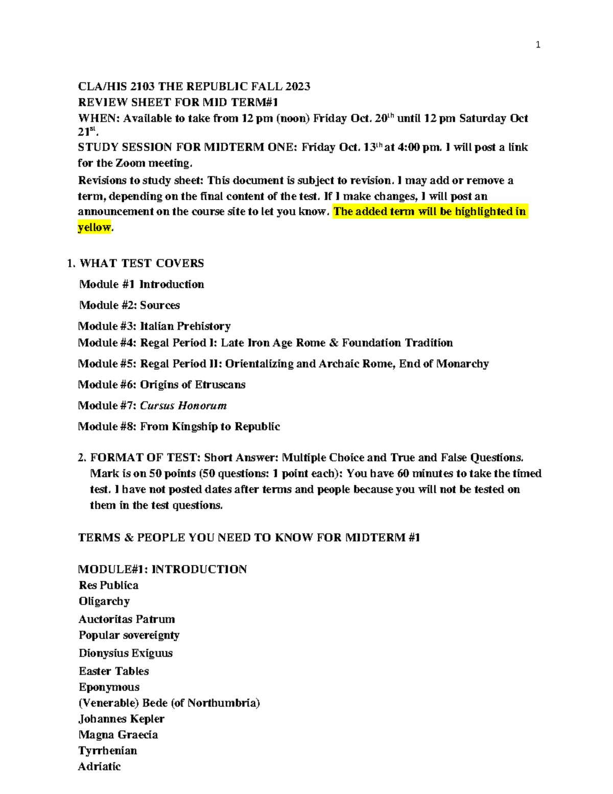Final 2023 Study Sheet 2103 Mid Term #1 - CLA/HIS 2103 THE REPUBLIC ...
