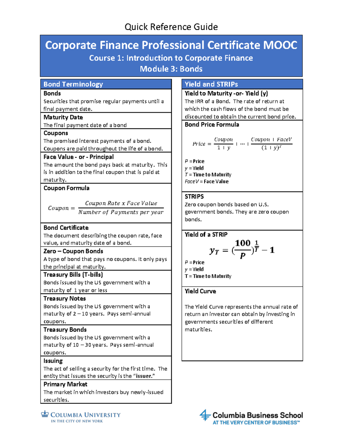 Course 1 Module 3 QRG - formulas - Quick Reference Guide Bond ...