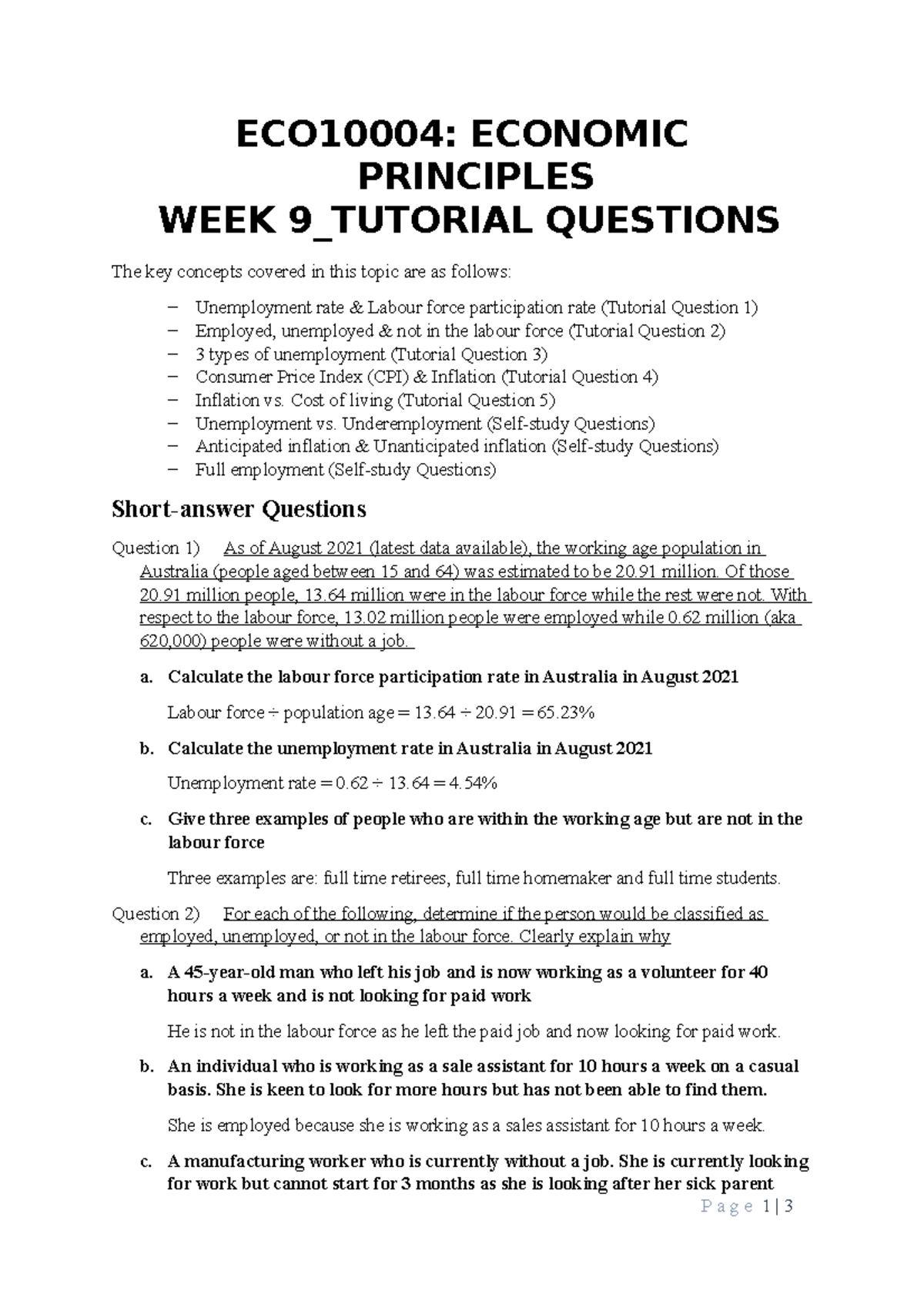 Week 9 Tutorial Questions - ECO10004: ECONOMIC PRINCIPLES WEEK 9_TUTORIAL QUESTIONS The key ...