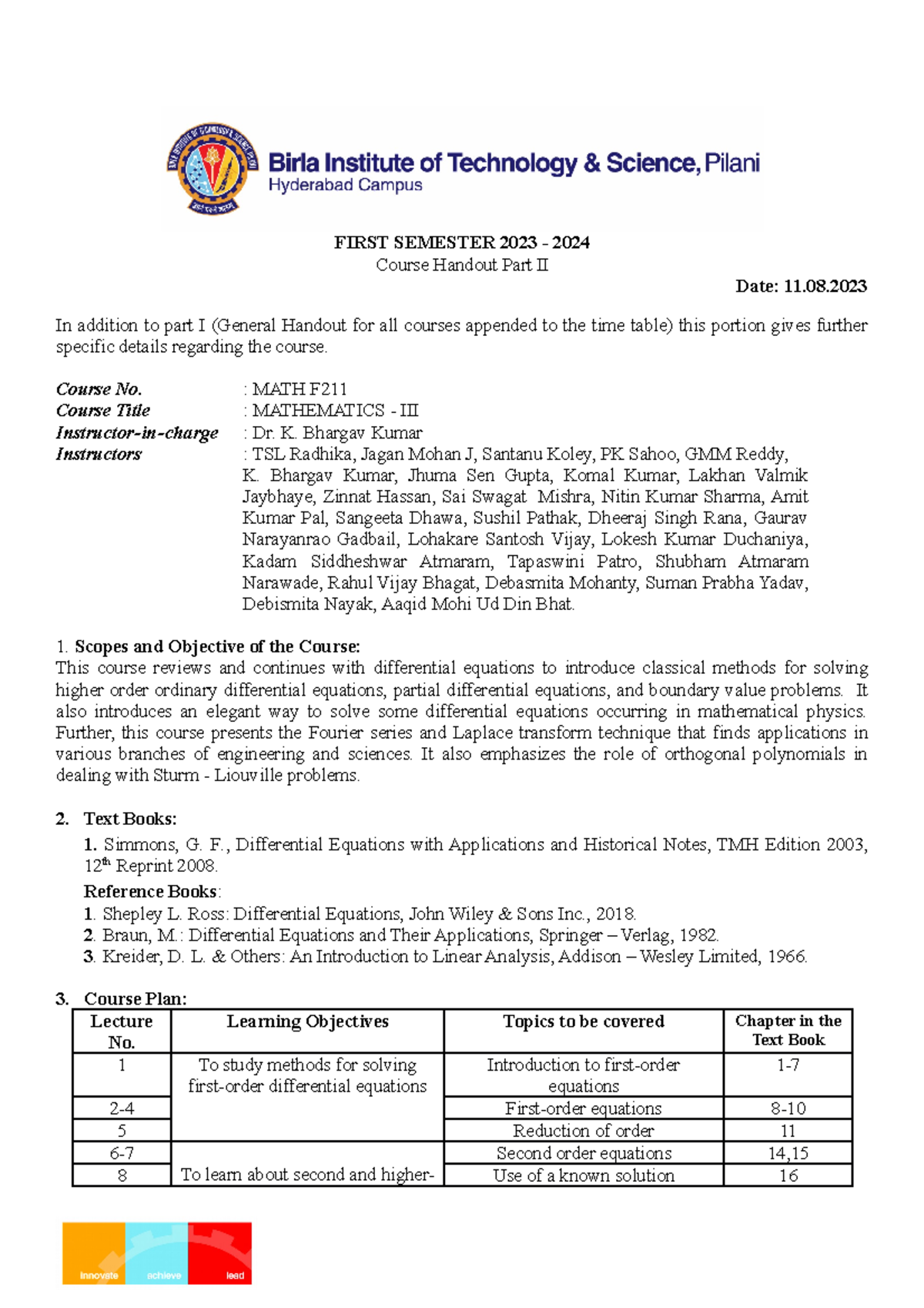 MATH F211 Course Handout - FIRST SEMESTER 2023 - 2024 Course Handout Part II Date: 11. In ...