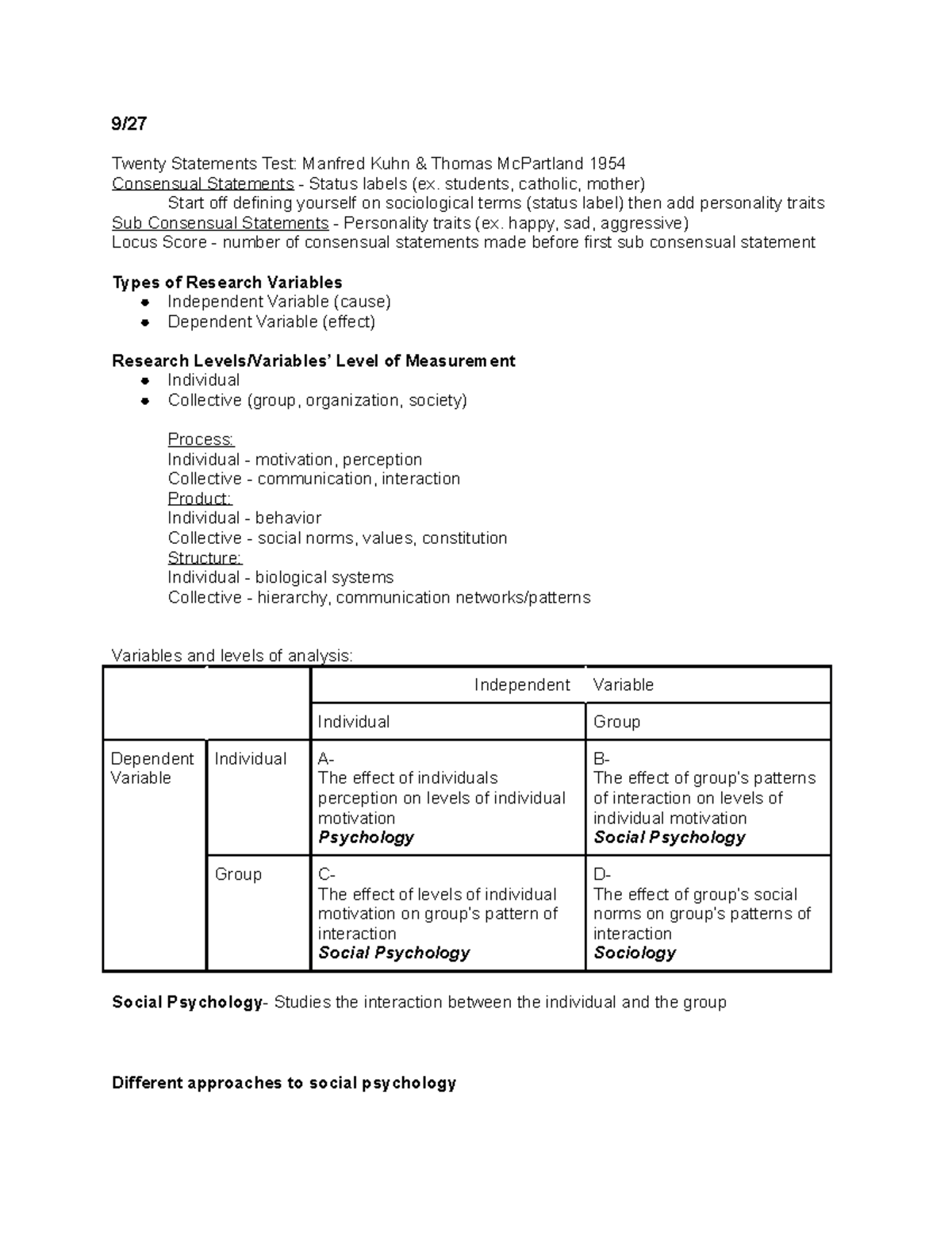 SOC 380 EXAM 1 Notes - 9/ Twenty Statements Test: Manfred Kuhn & Thomas ...