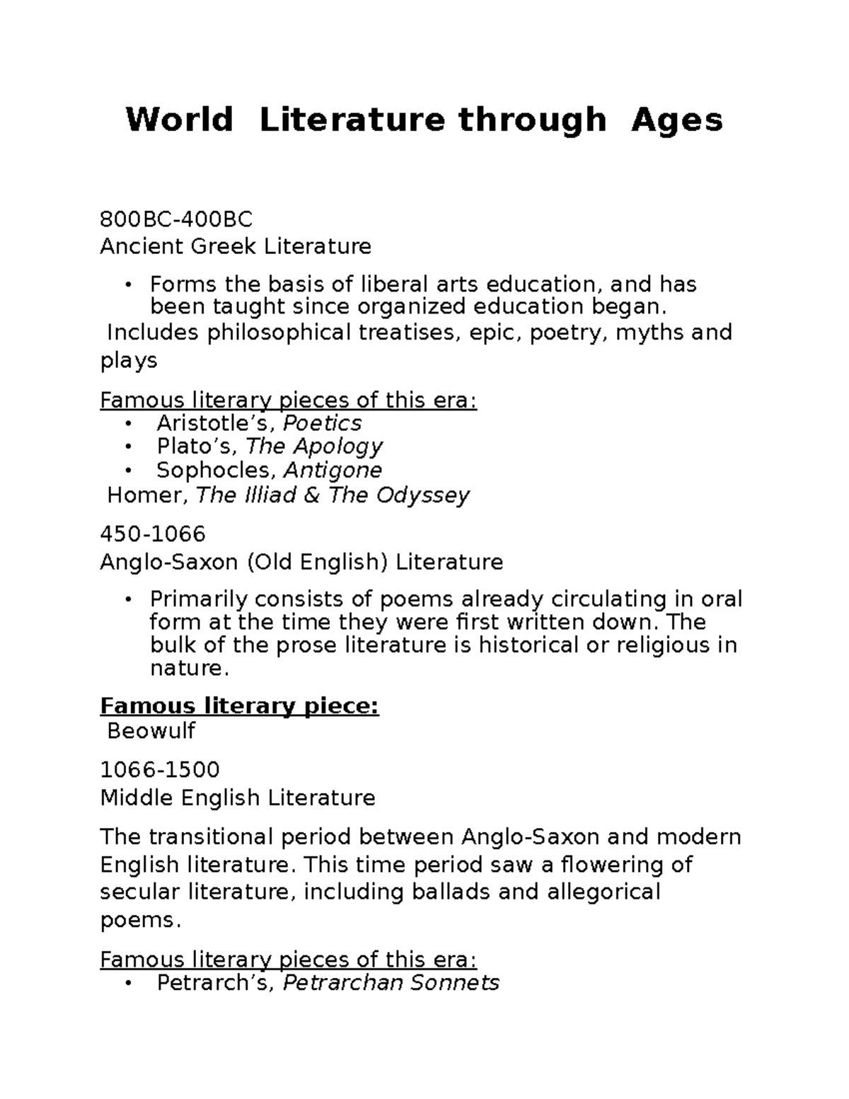 World through Ages - World Literature through Ages 800BC-400BC Ancient ...