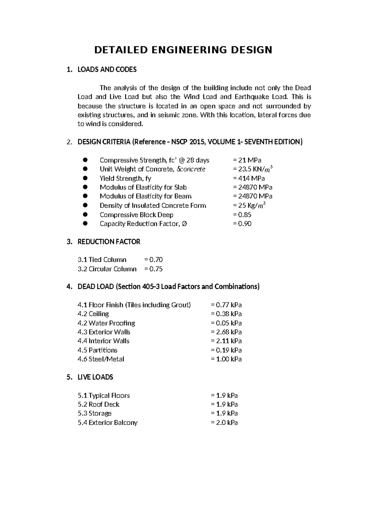 DesigN Analysis of Column - DETAILED ENGINEERING DESIGN 1. LOADS AND ...