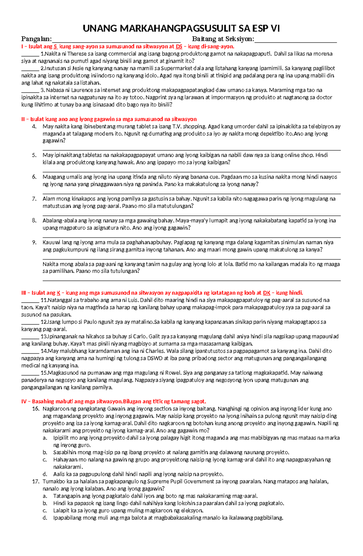 1st PT in ESP 6 - Periodical test - UNANG MARKAHANGPAGSUSULIT SA ESP VI ...