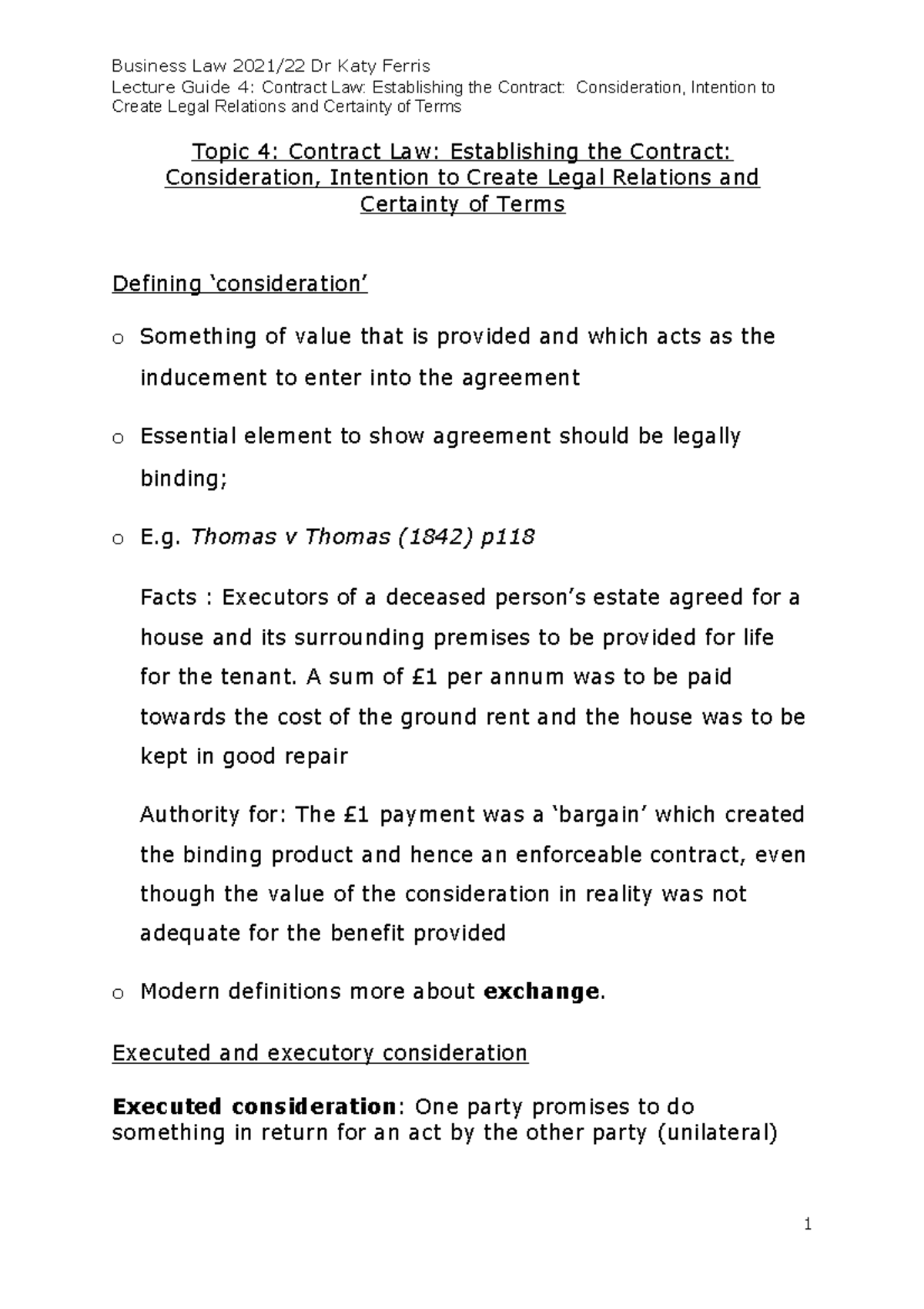 Topic 4 Guide Contract (KF)202122 - Lecture Guide 4: Contract Law ...