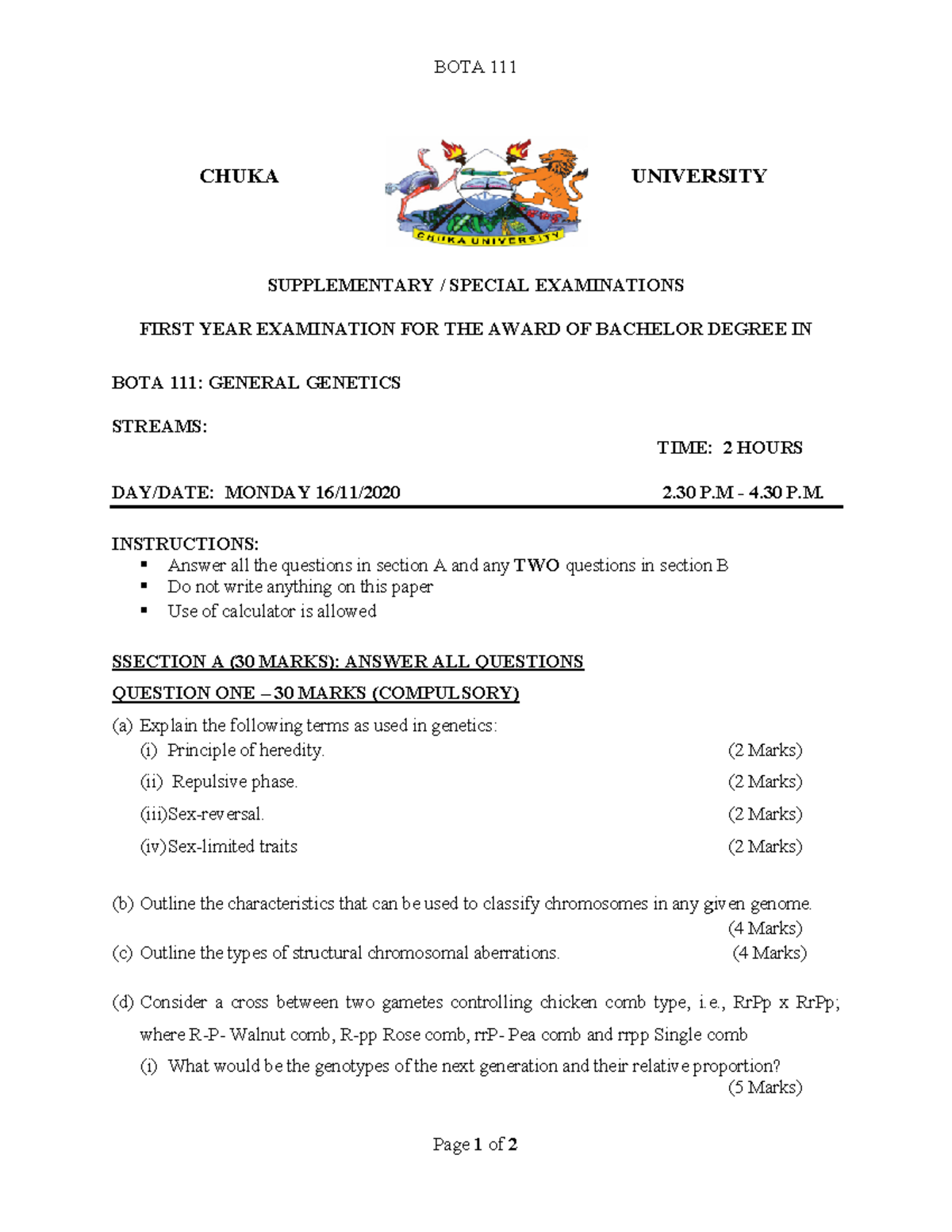 BOTA 111 (3) - No info - CHUKA SUPPLEMENTARY / SPECIAL EXAMINATIONS FIRST YEAR EXAMINATION FOR ...