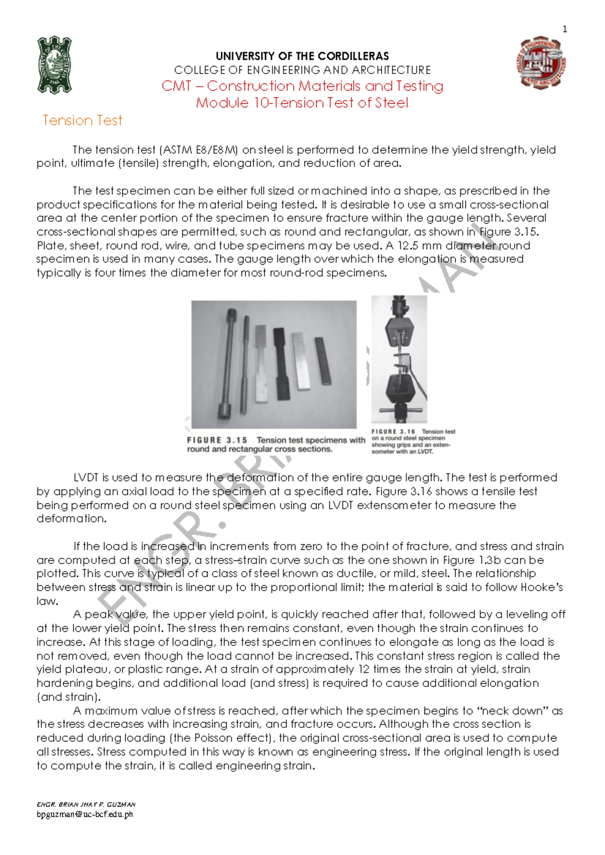 CMT Module 10- Tension TEST OF Steel - 1 ENGR. BRIAN JHAY P. GUZMAN ...