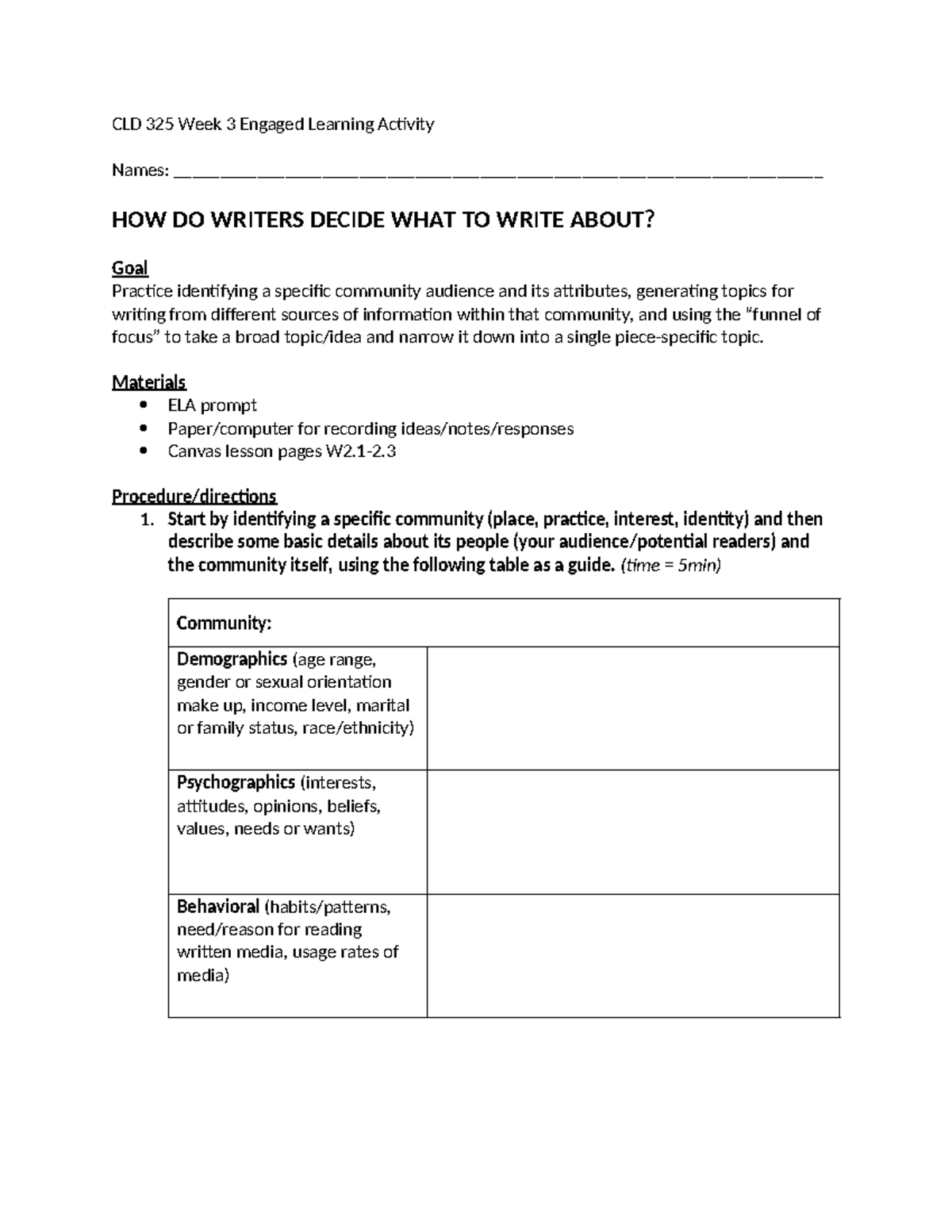 CLD 325 ELA 3 - Generating and narrowing ideas for writing - CLD 325 ...