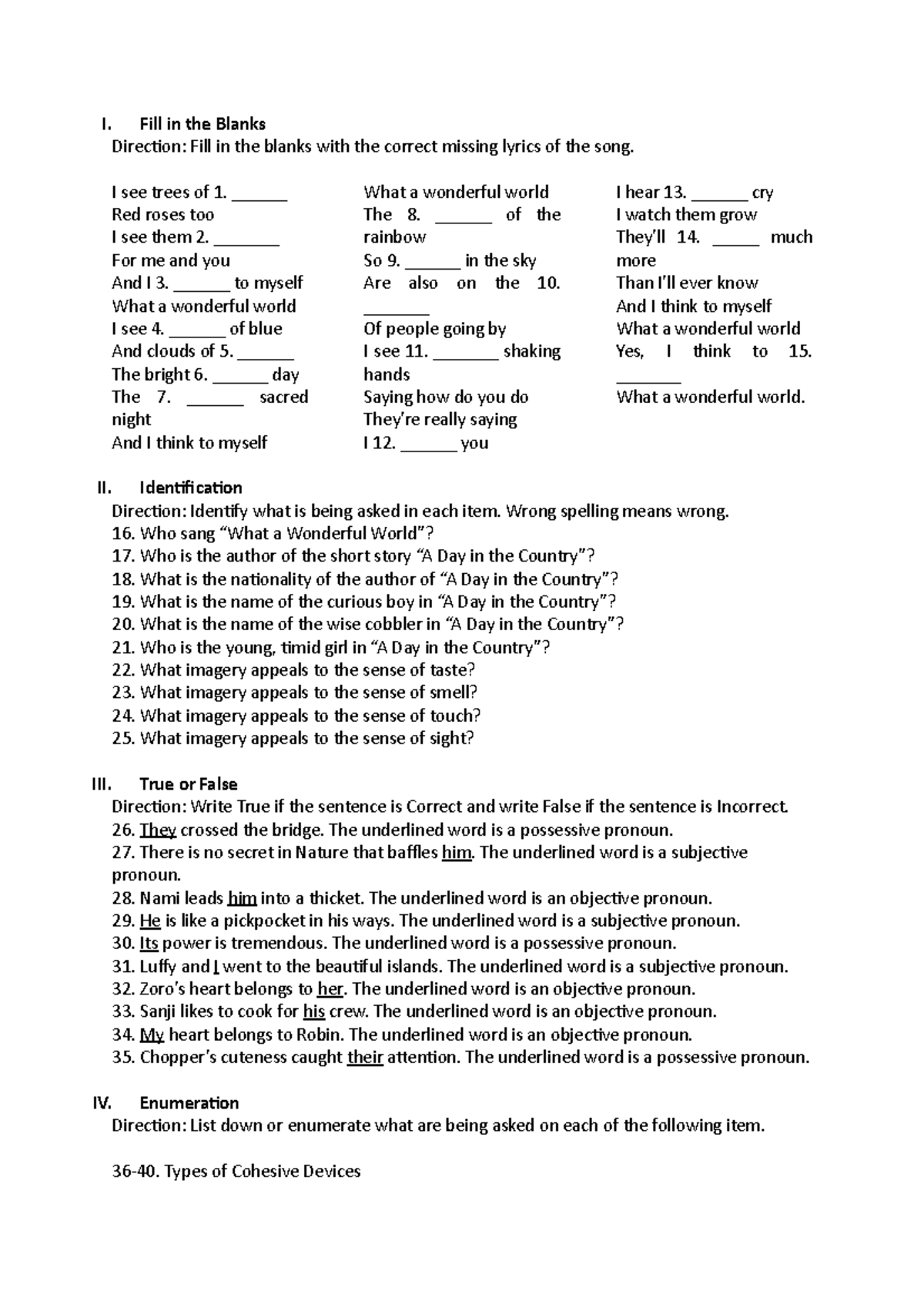 Quiz Lesson 1 - I. Fill in the Blanks Direction: Fill in the blanks ...