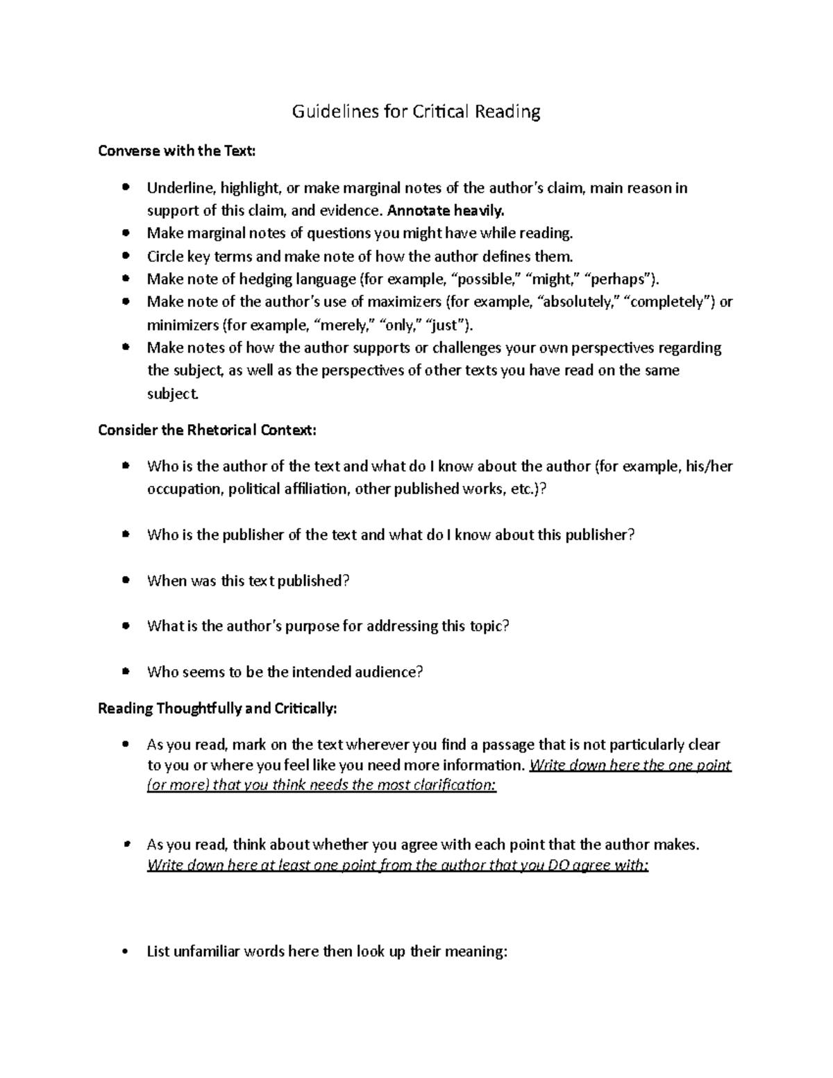Critcal Reading Worksheet - Guidelines for Critical Reading Converse ...