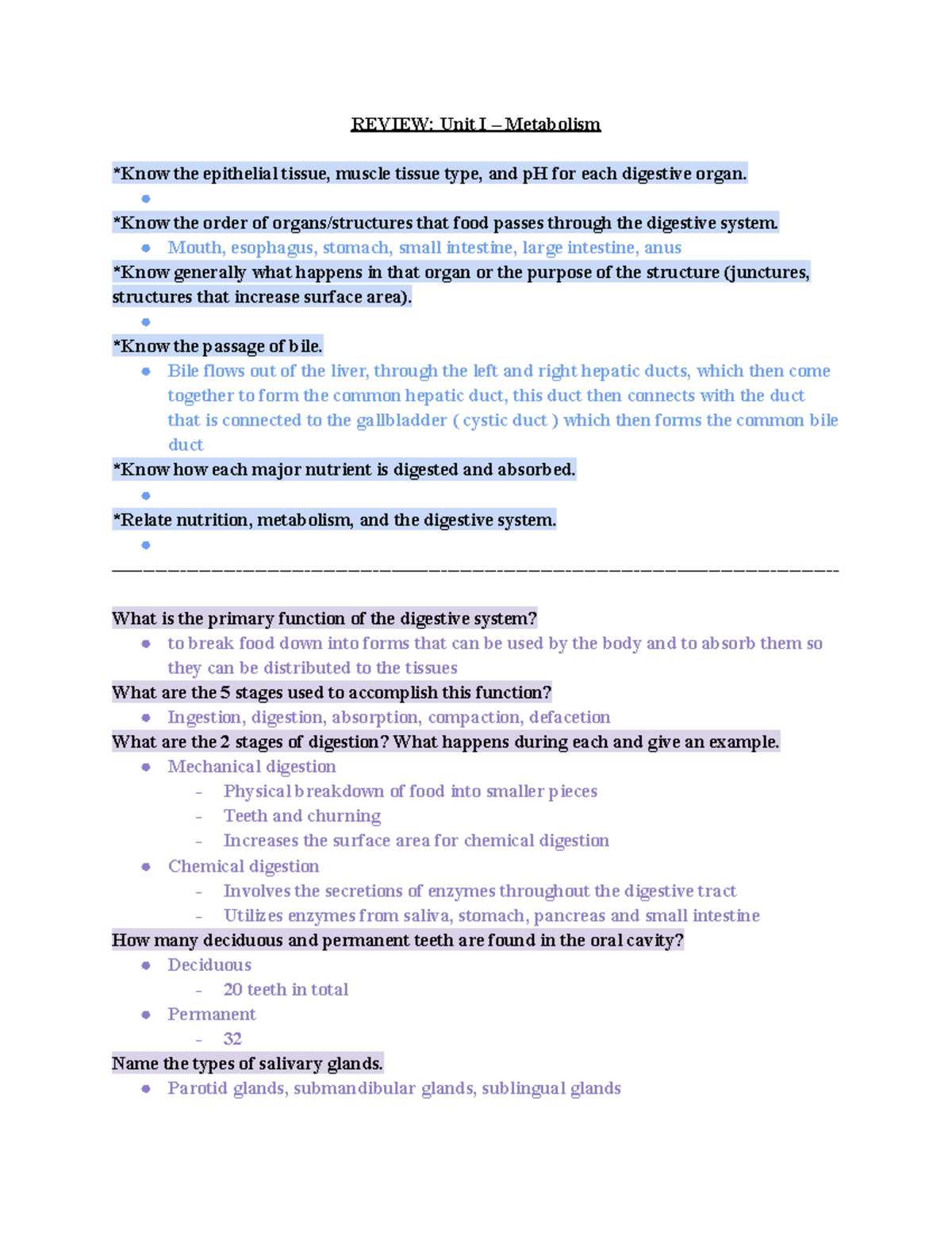 Review Unit I – Metabolism - REVIEW: Unit I – Metabolism *Know the ...