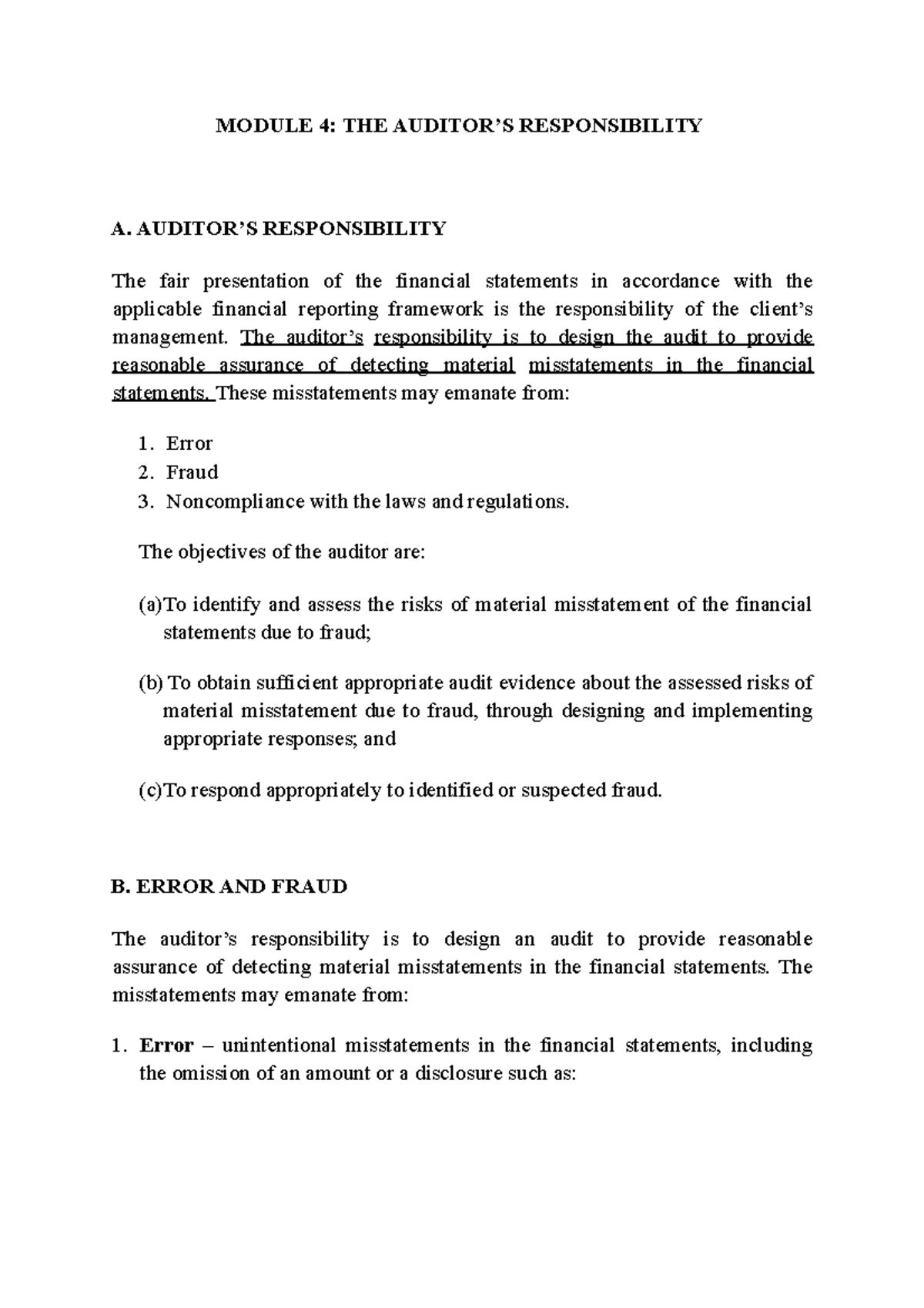 Auditor's Responsibility - MODULE 4: THE AUDITOR’S RESPONSIBILITY A ...