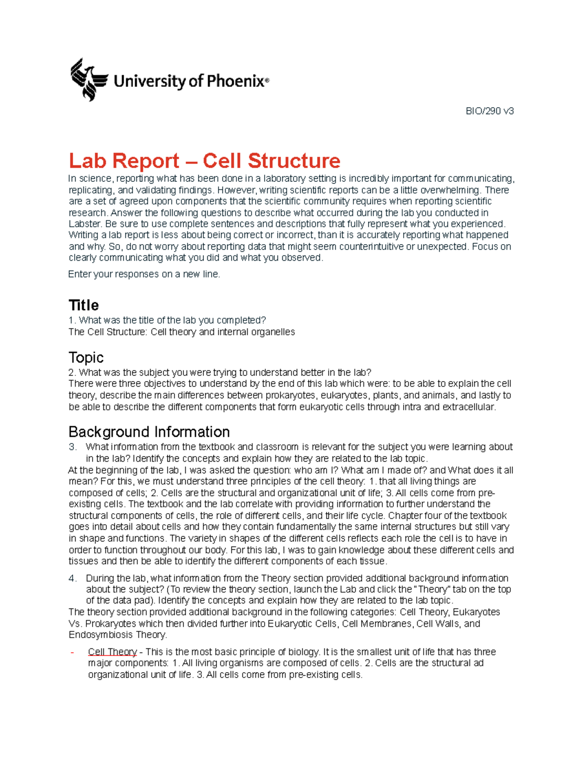 Week 2 Cell structure lab report - BIO/290 v Lab Report – Cell Structure In science, reporting ...